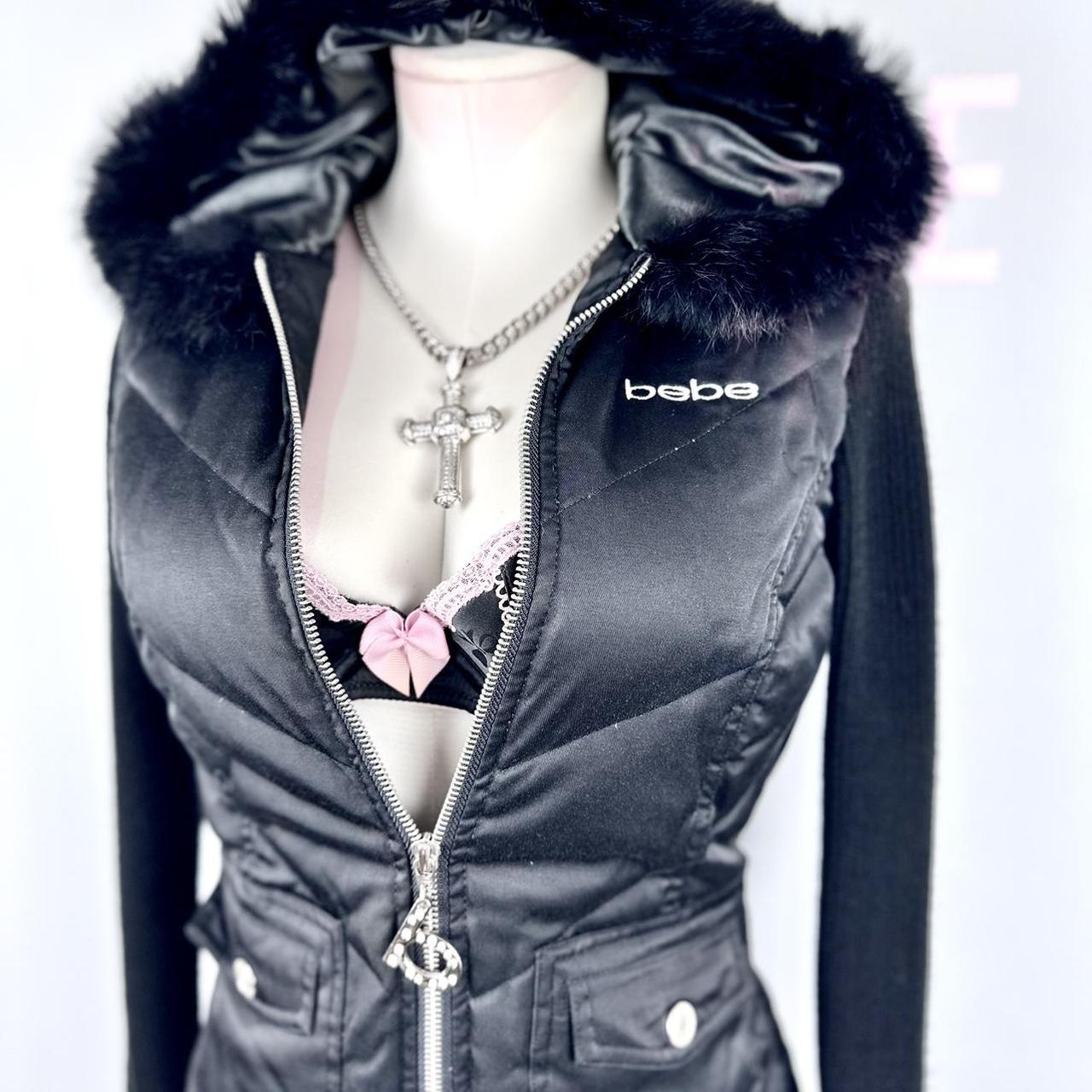 bebe black 2000’s puffer fitted jacket with a rabbit... - Depop