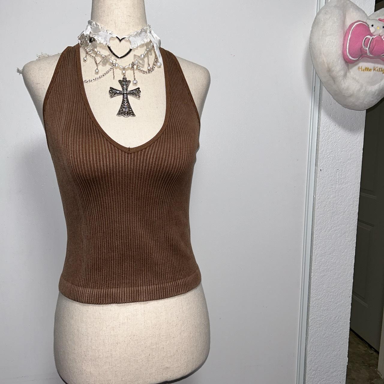 Gorgeous soft comfy form fit pinstripe brown halter... - Depop