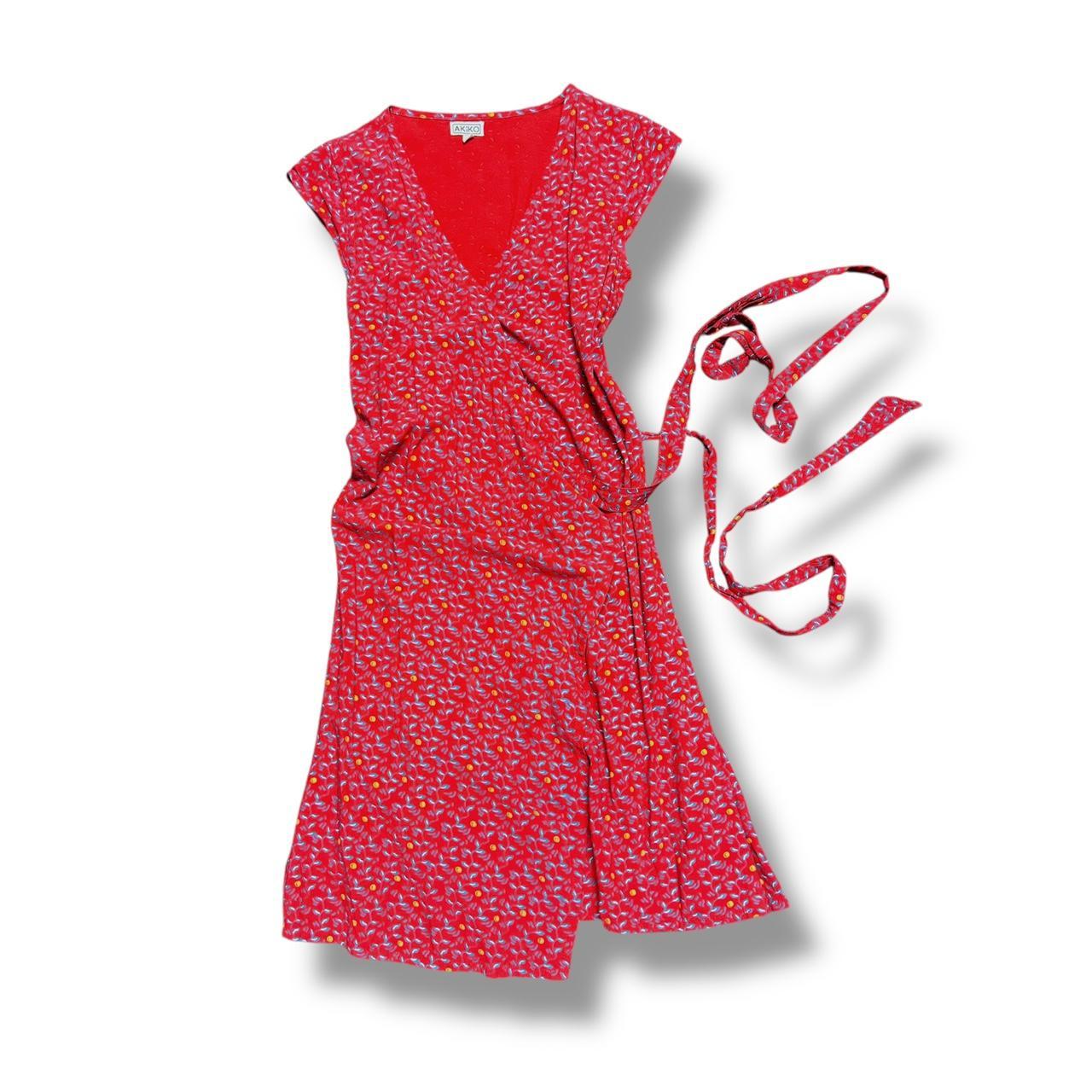 Red Wrap Top Dress -has yellow and blue flower... | Depop