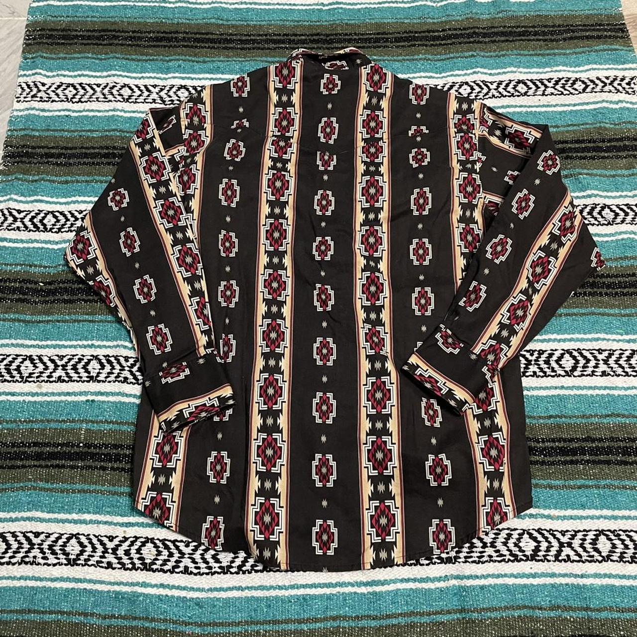 90s Wrangler Aztec Pattern All Over Print Pearl Snap... | Depop