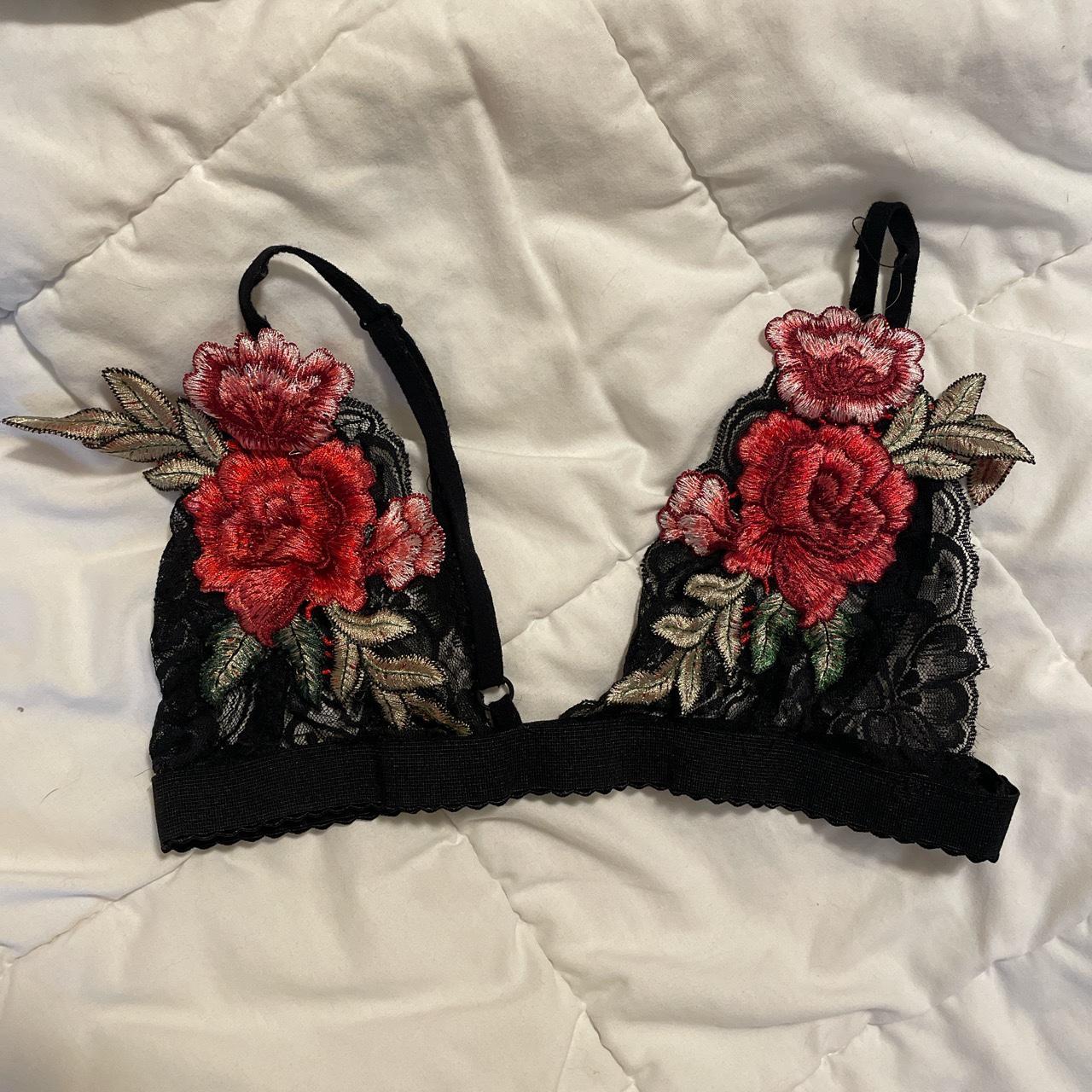 flower embroidered lace bralette - inner edge is... - Depop