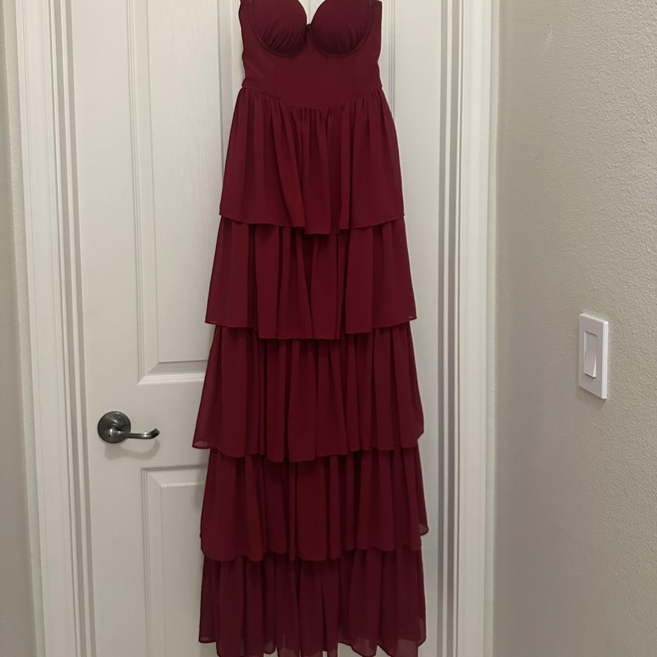 Deep red maxi dress, ruffles, strapless | Depop