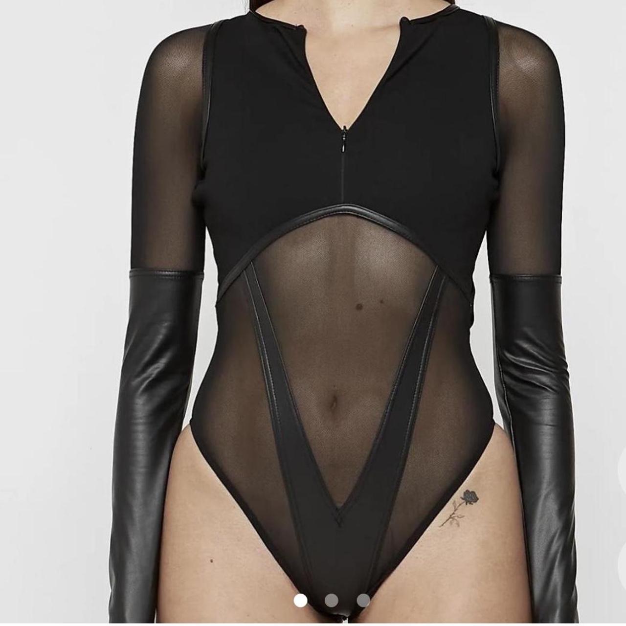 High leg effect bodysuit mesh with leather - Depop