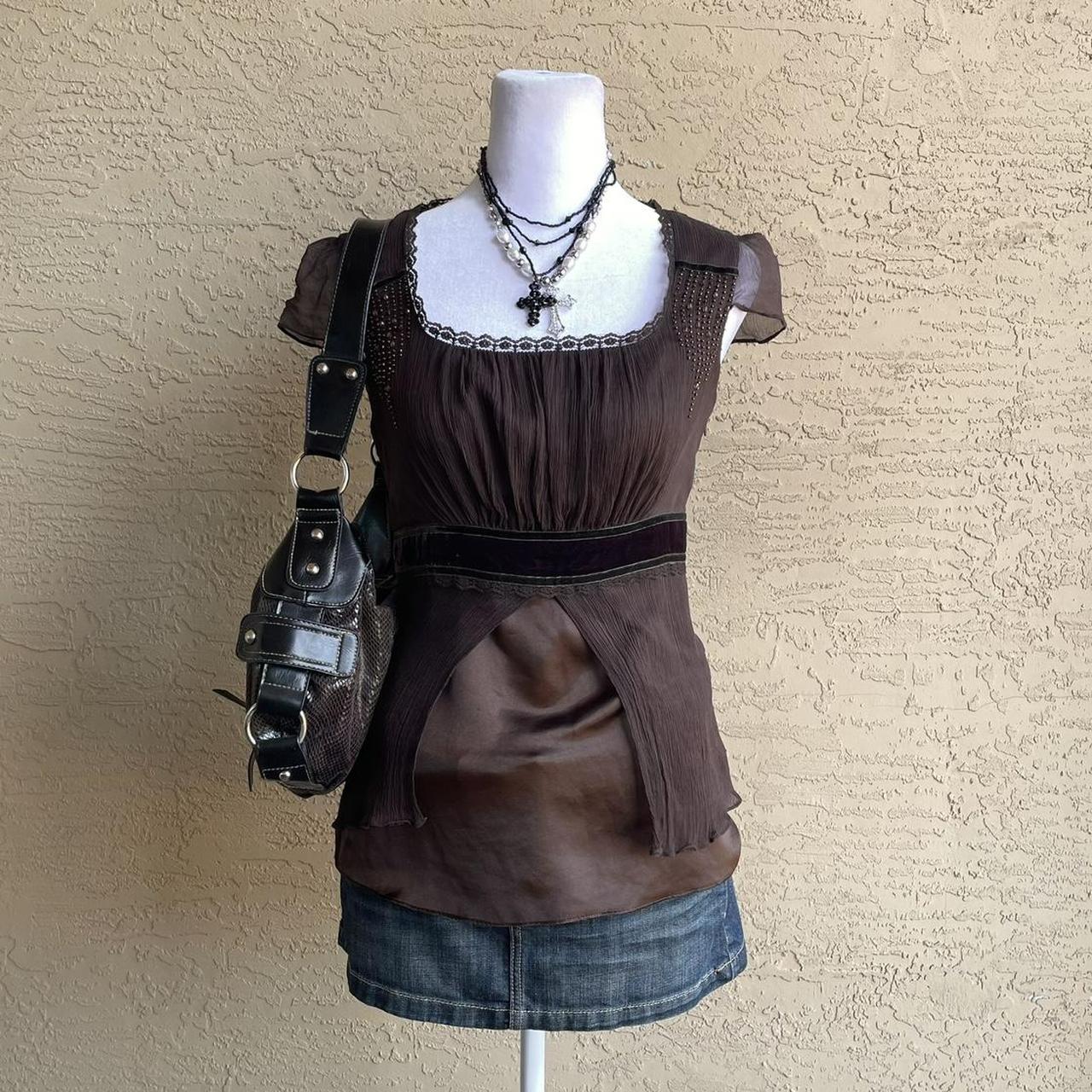 Y2K Puff Sleeve Split Front Silk Babydoll Blouse... - Depop