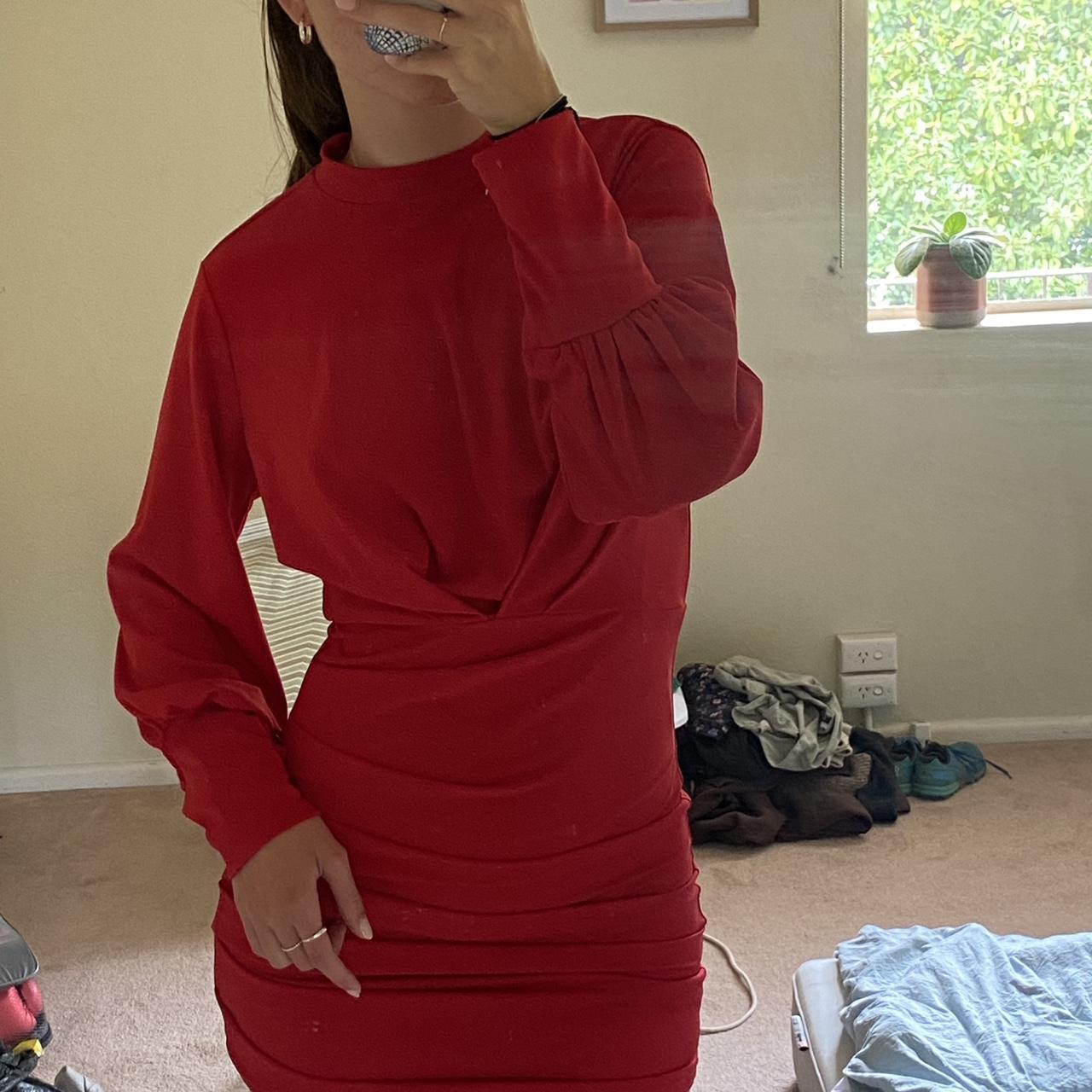 High neck red ruched mini dress with open back and... | Depop