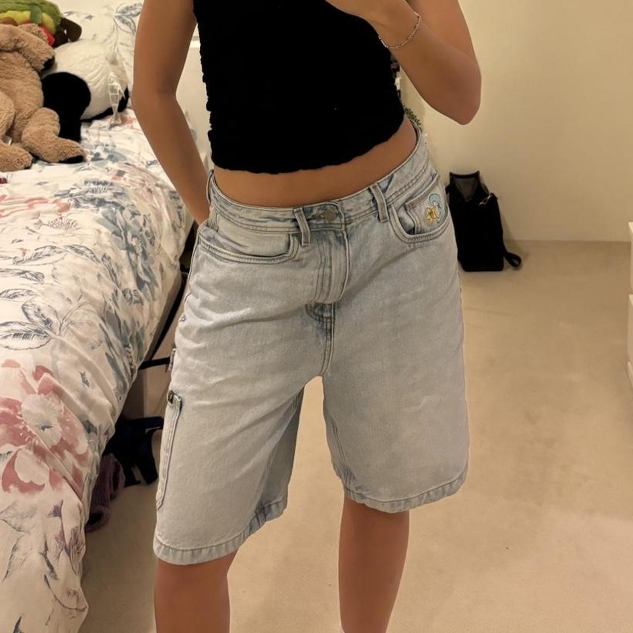 half half denim jorts adjustable waistband size 28... | Depop