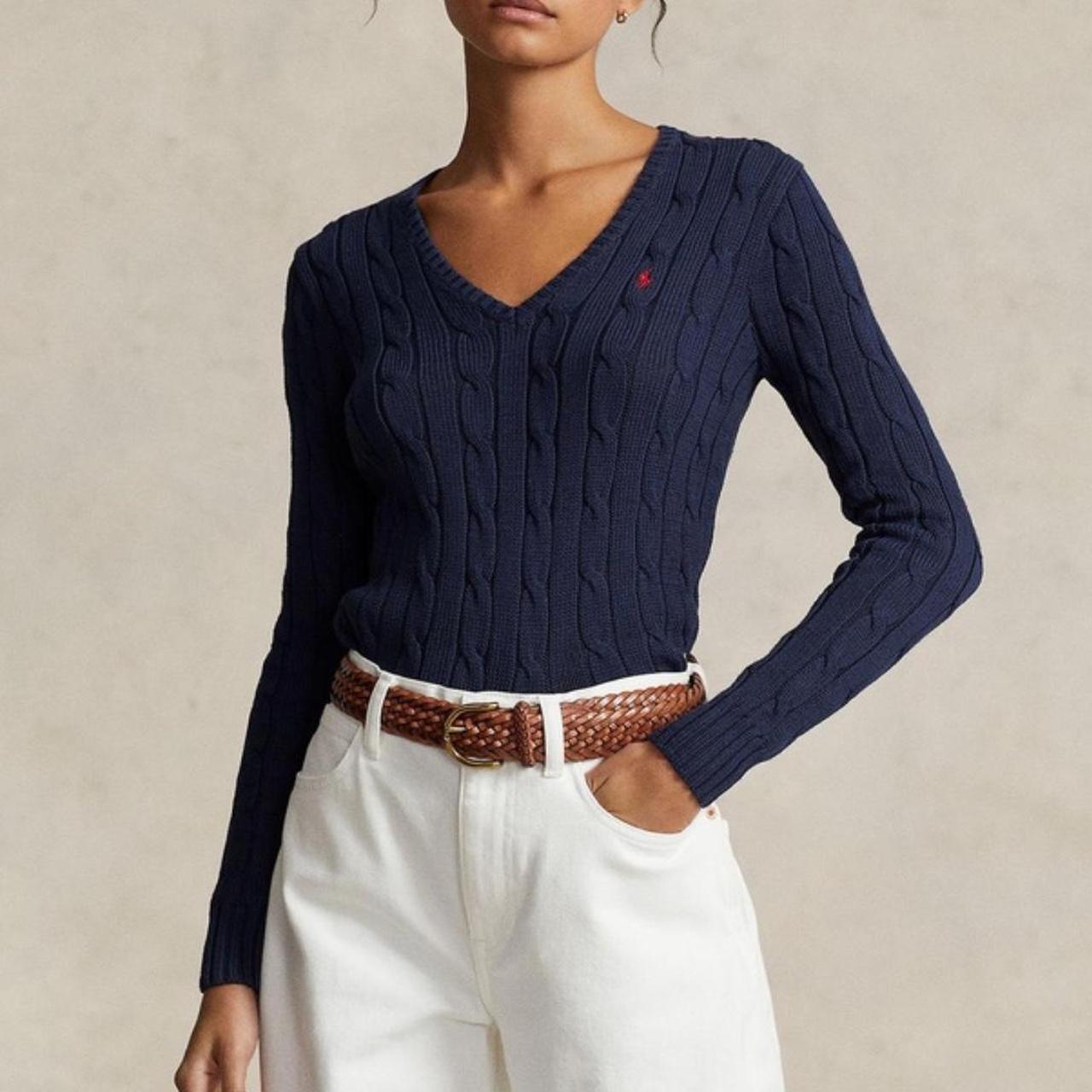 POLO NAVY BLUE V-NECK CABLEKNIT JUMPER rrp:249 aud... - Depop