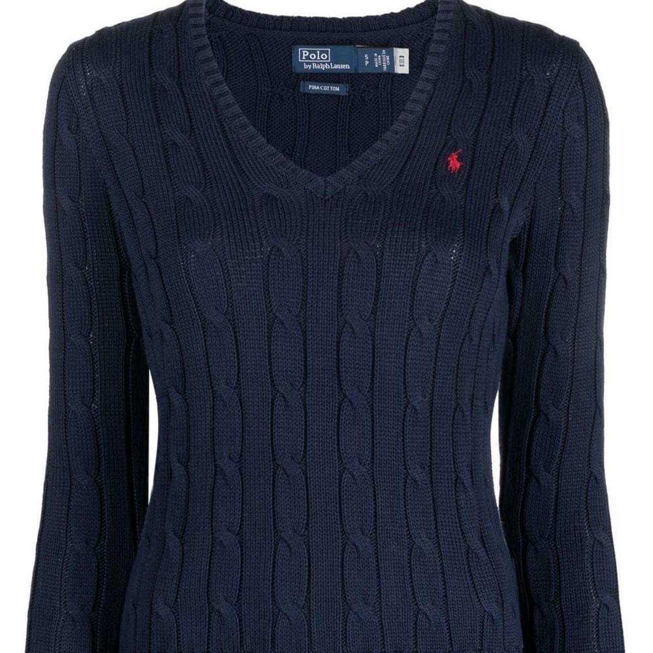 POLO NAVY BLUE V-NECK CABLEKNIT JUMPER rrp:249 aud... - Depop