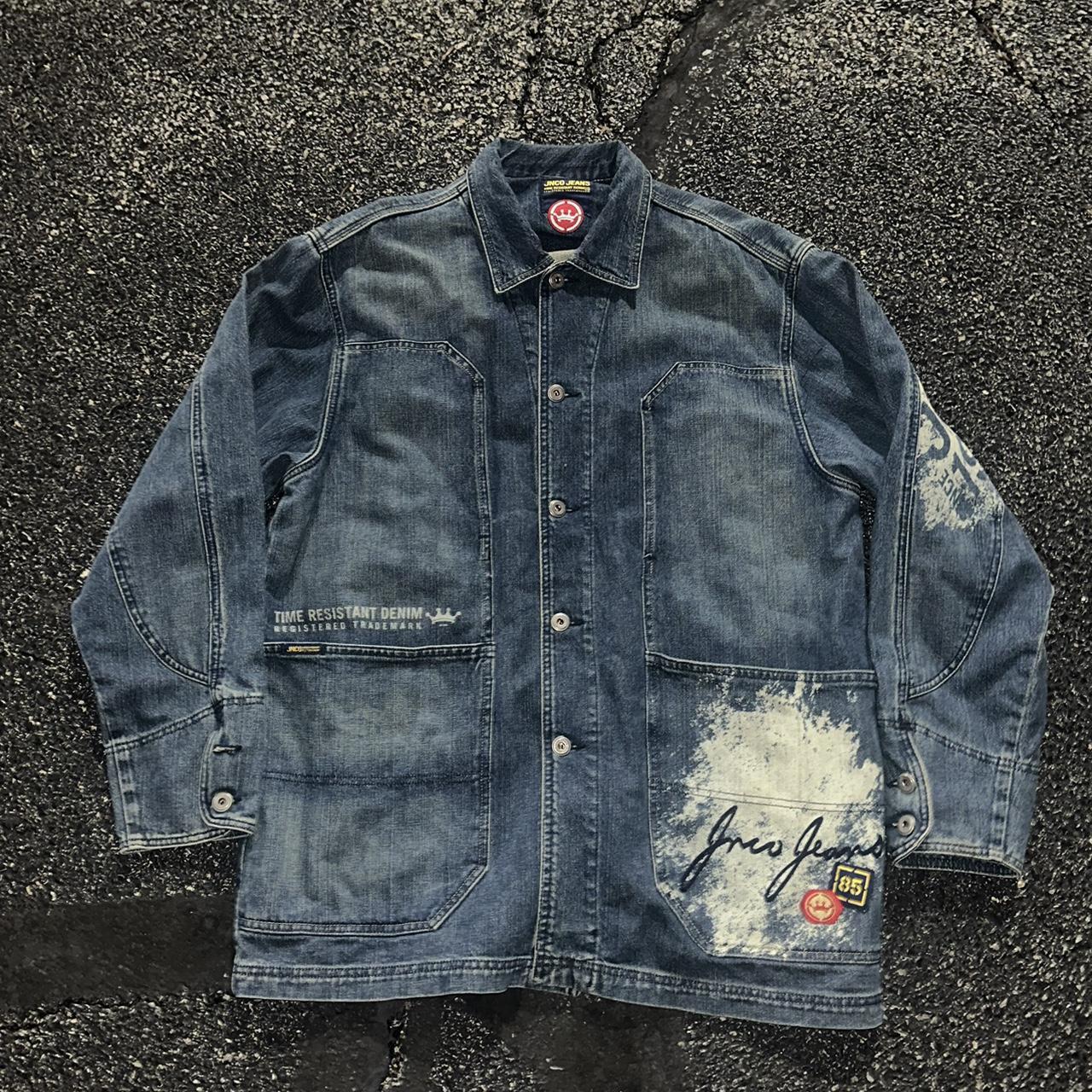 JNCO denim jacket with all over print and distressed... | Depop