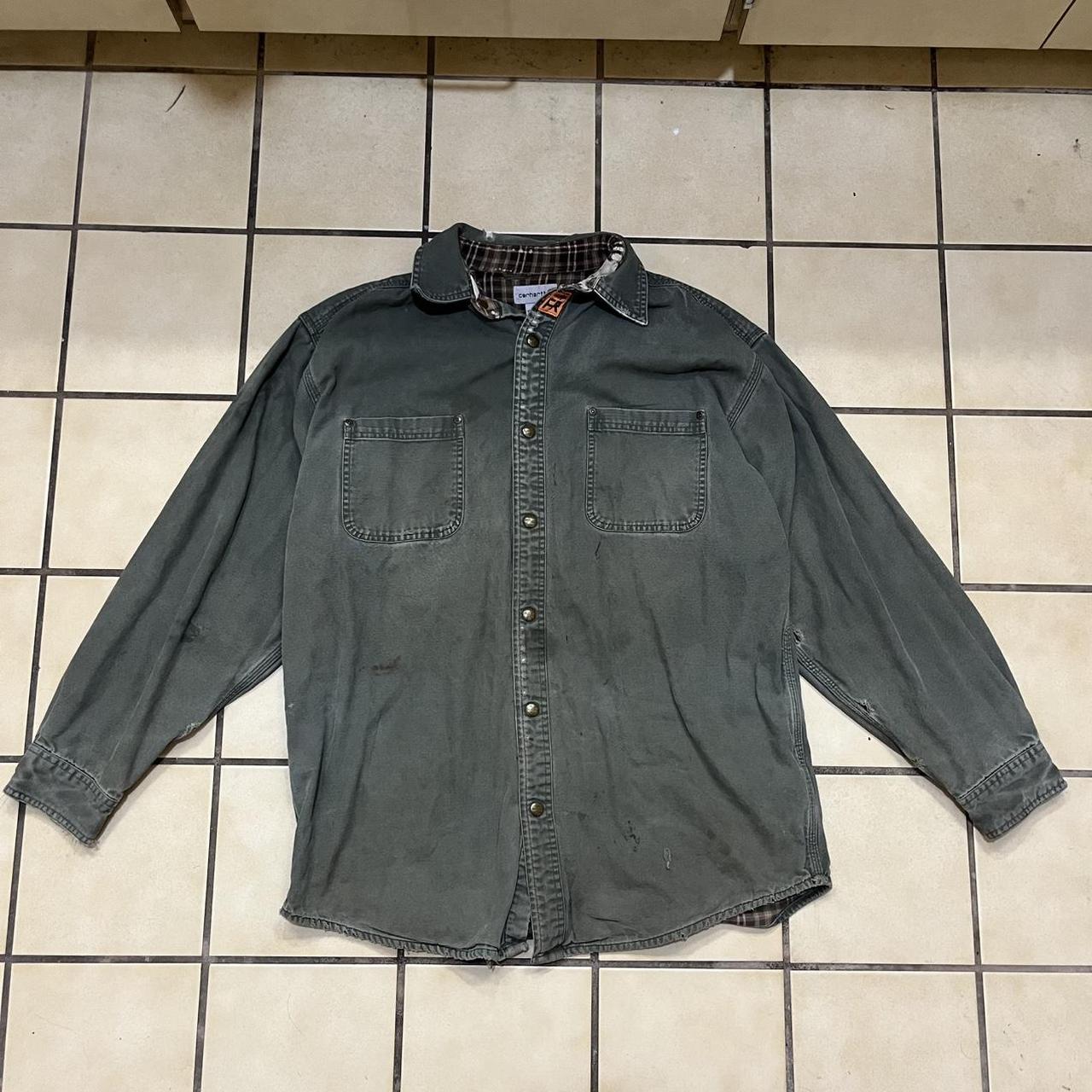 Carhartt Green denim button-up shirt with a relaxed... | Depop