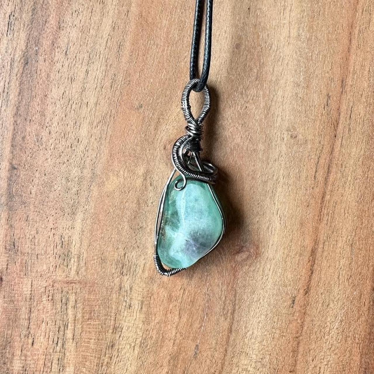 Green Fluorite Crystal Pendant Wire Wrapped on Black... - Depop