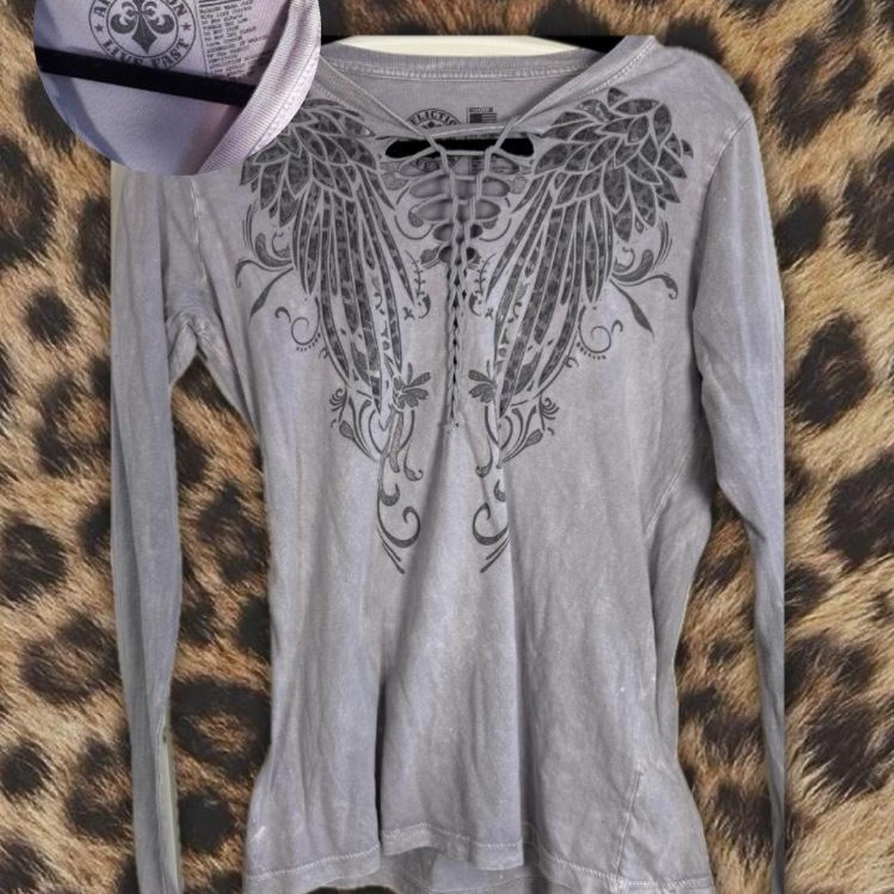 Affliction long sleeve shirt with a unique design... - Depop