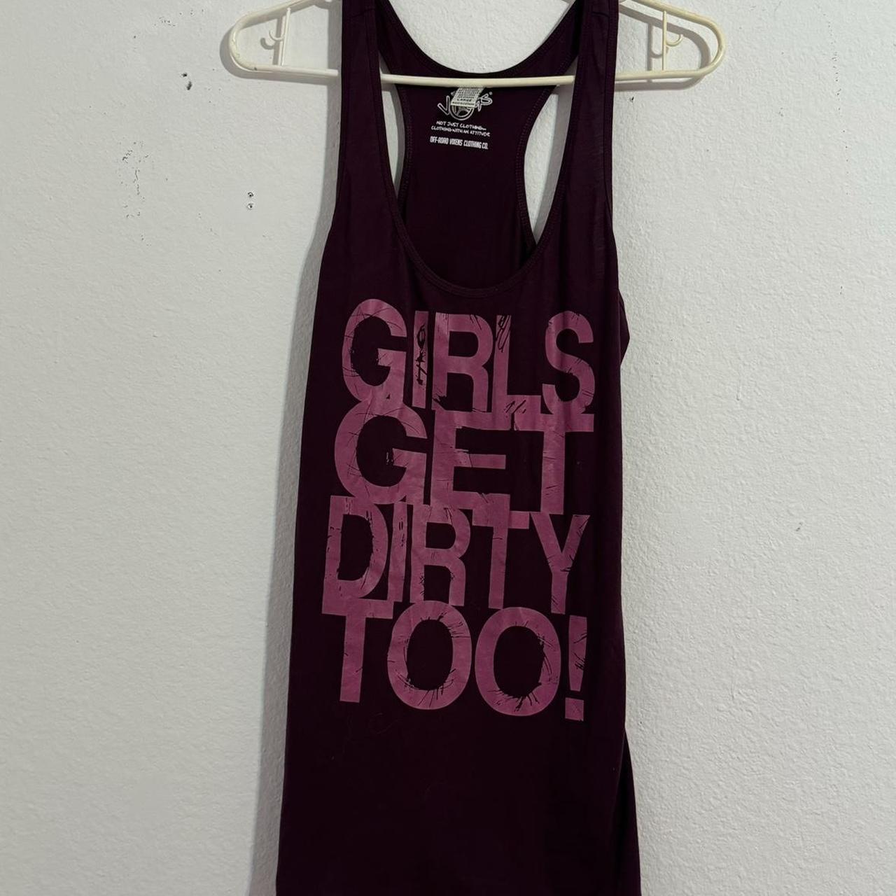 maroon and pink "girls get dirty too" tank top... - Depop
