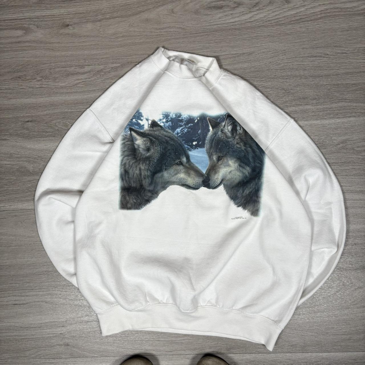 White vintage 90s wolf graphic sweatshirt... | Depop