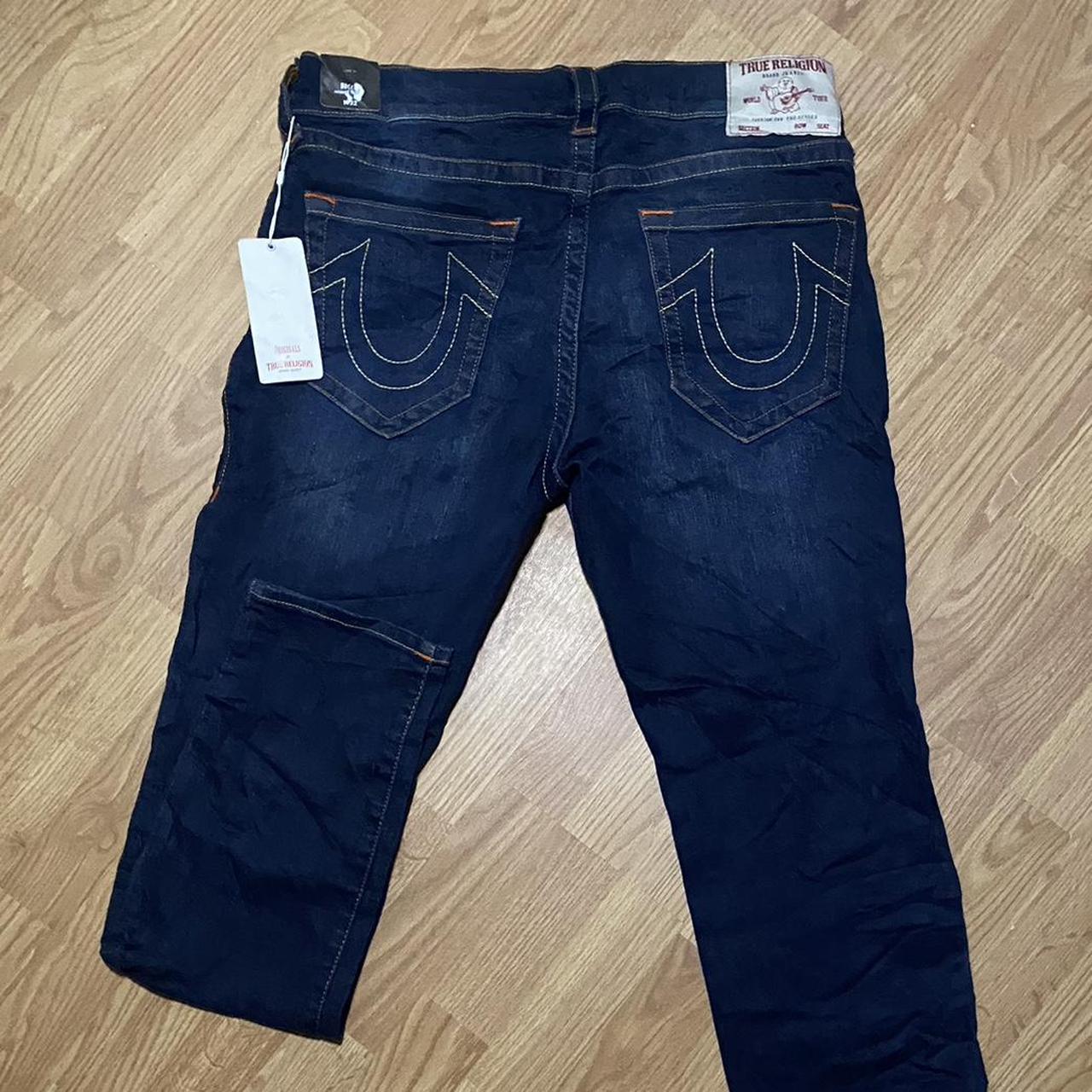 Navy Blue True Religion Denim Jeans w/ Yellow/Orange... - Depop