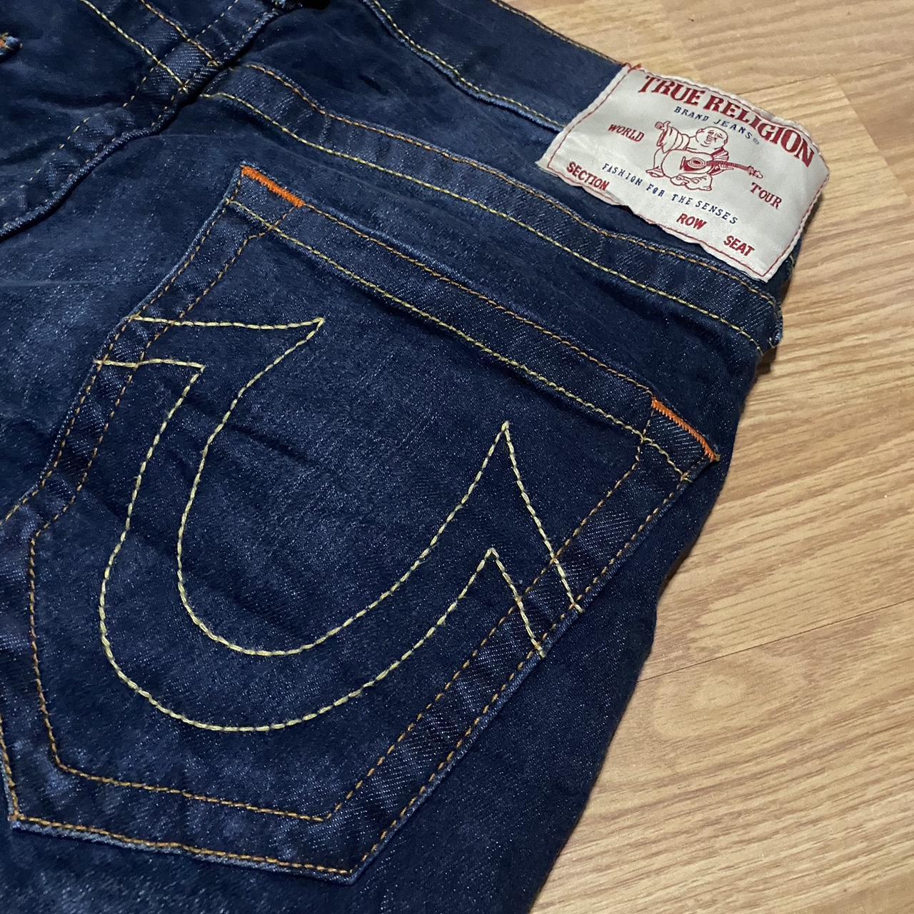Navy Blue True Religion Denim Jeans w/ Yellow/Orange... - Depop