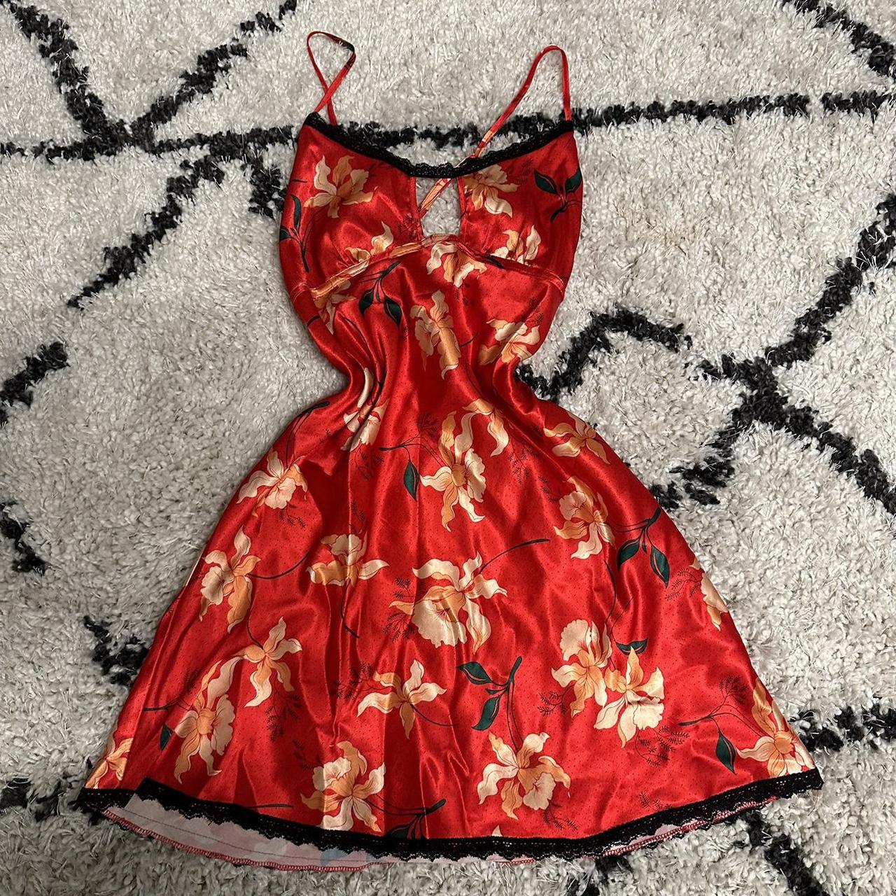 criss cross back red floral vintage slip dress with... - Depop
