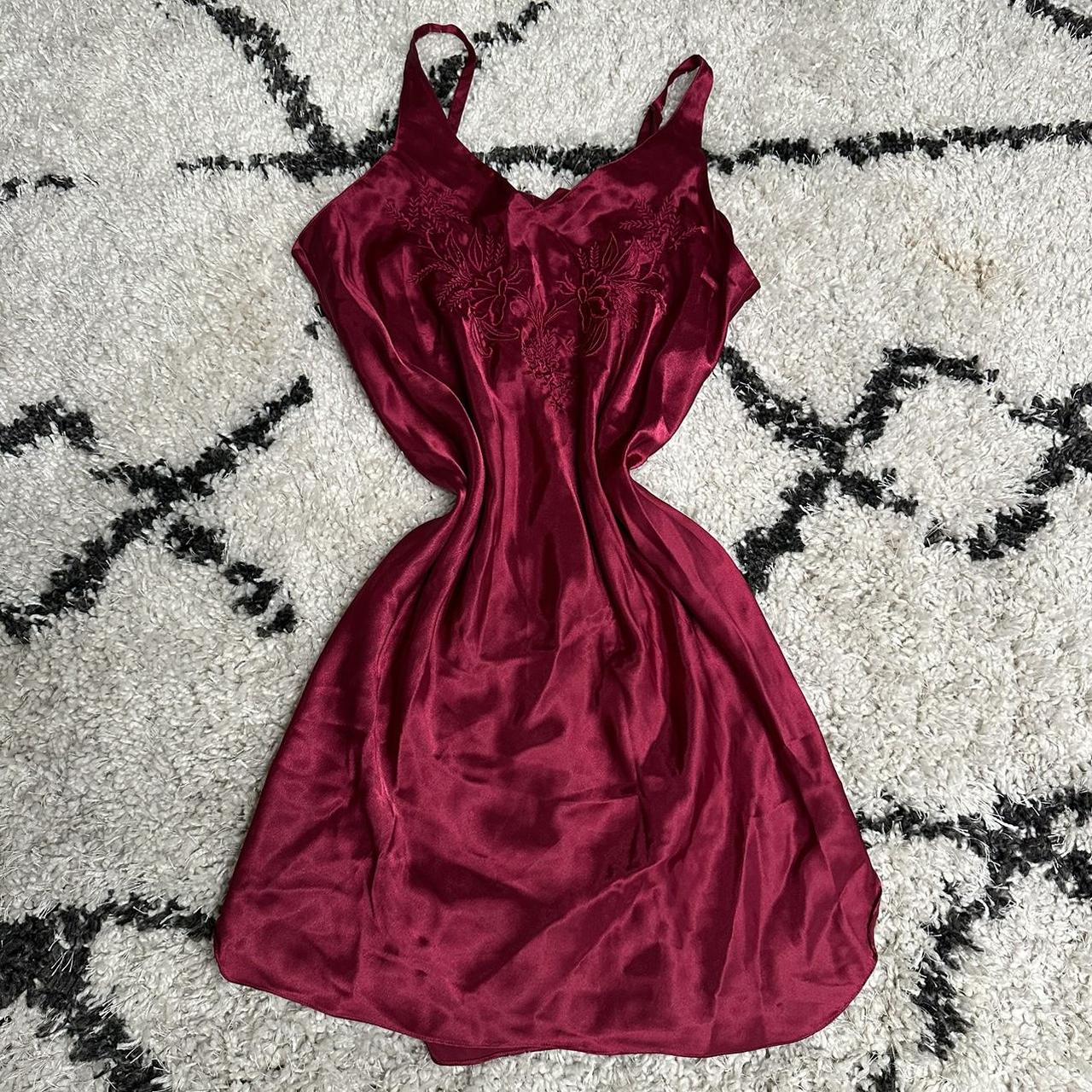vintage red wine slip dress with floral embroidery... - Depop