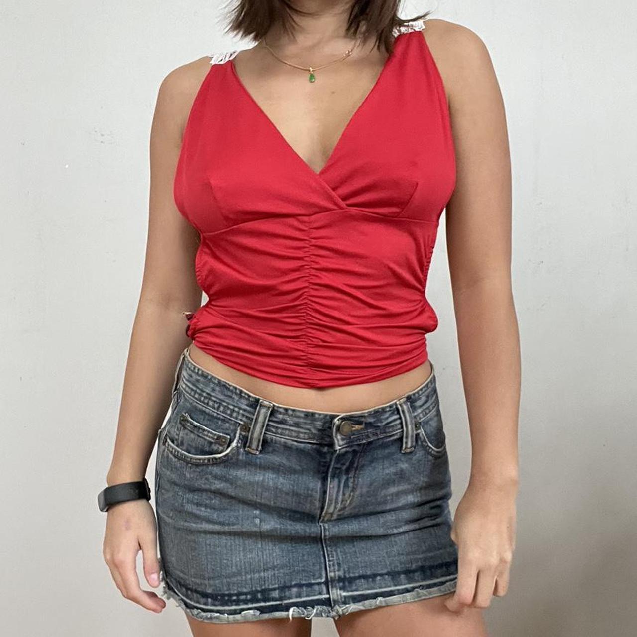 Red cami top with super flattering ruched middle and... - Depop