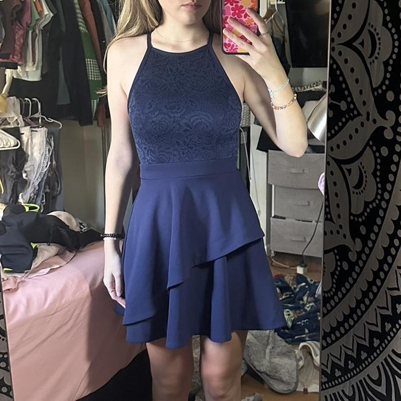 Halter lace navy blue ruffle mini dress semi formal... - Depop