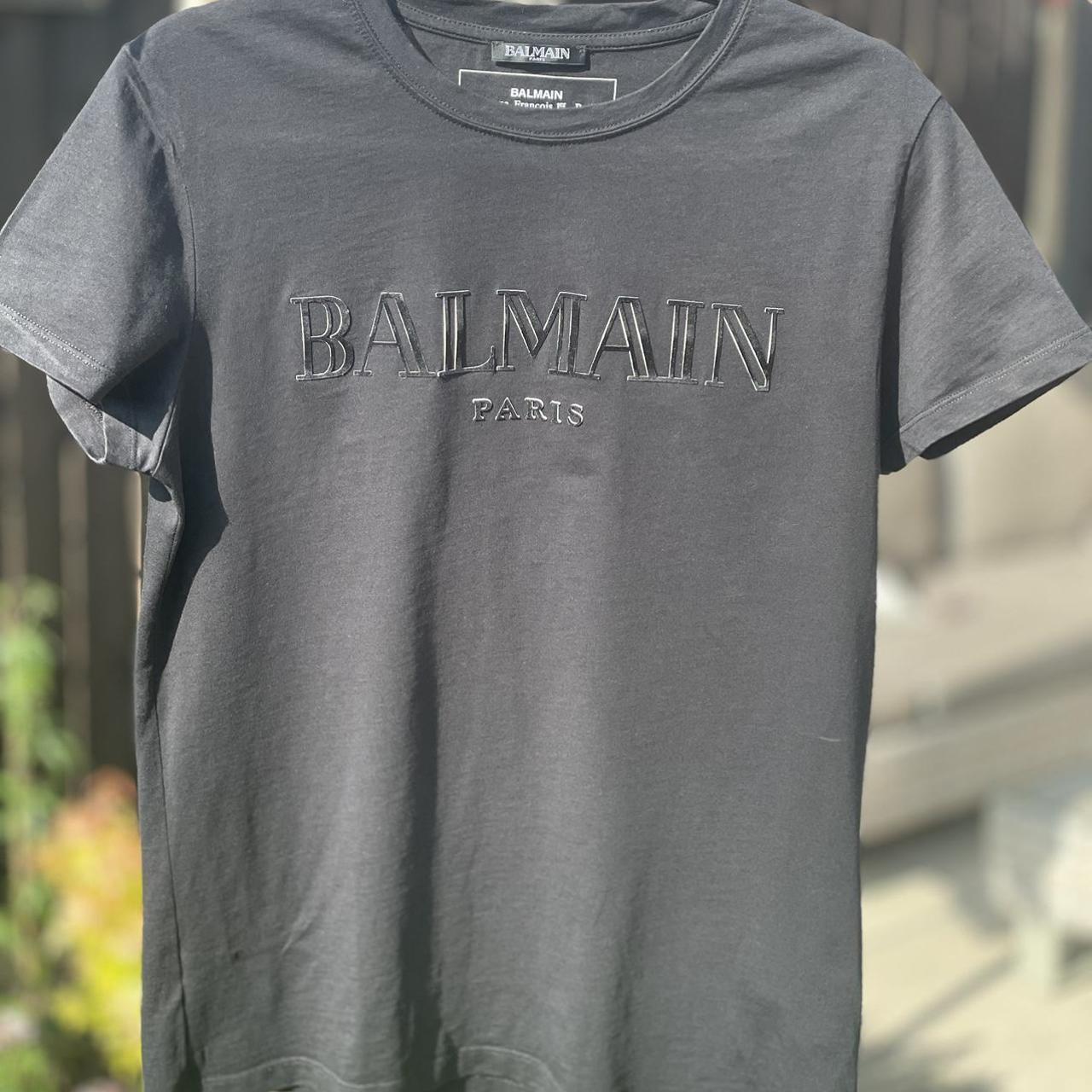 *UNIQUE* Balmain Black Logo- flocked cotton T-Shirt... - Depop