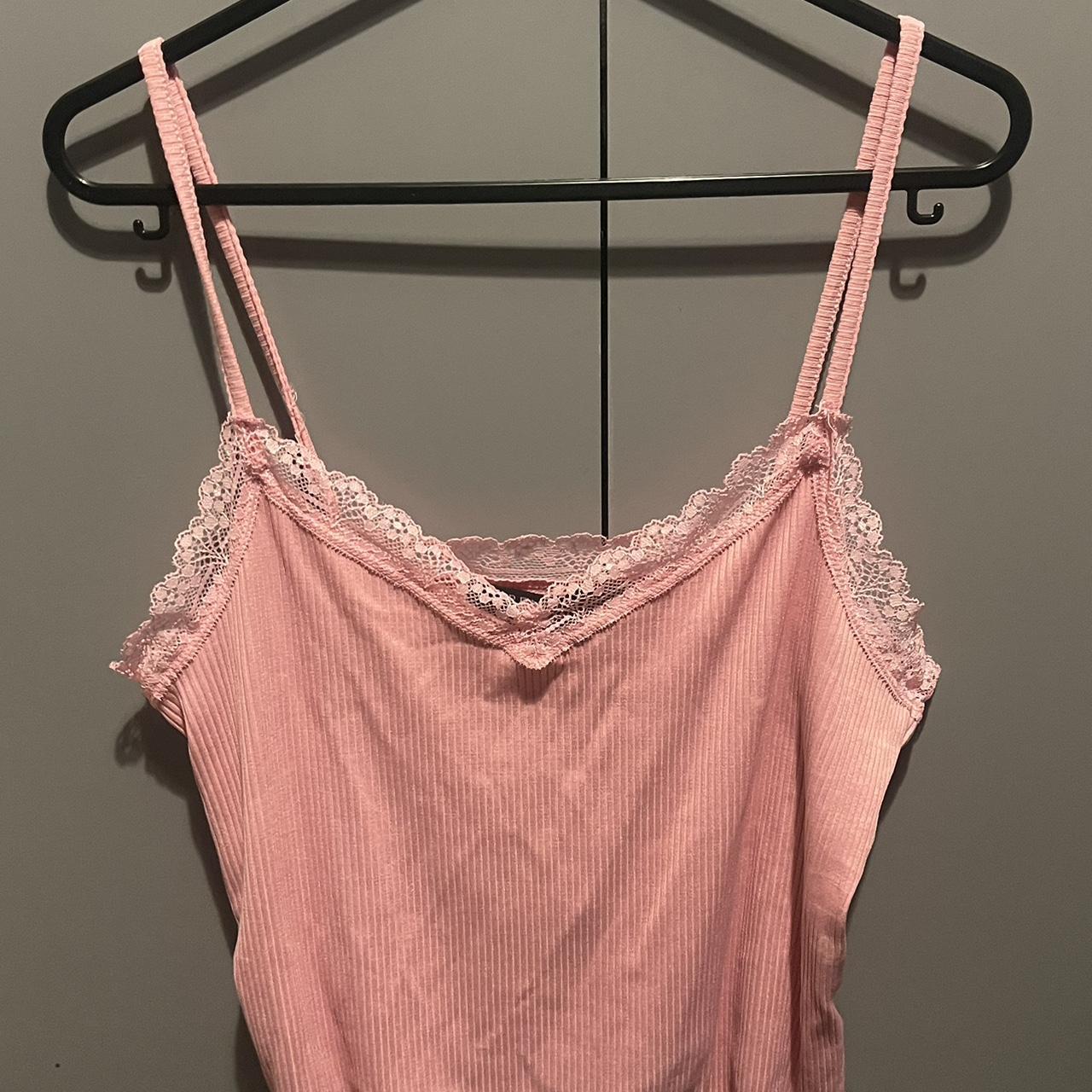 pink primark lettuce hem trim cami lacy top worn... - Depop