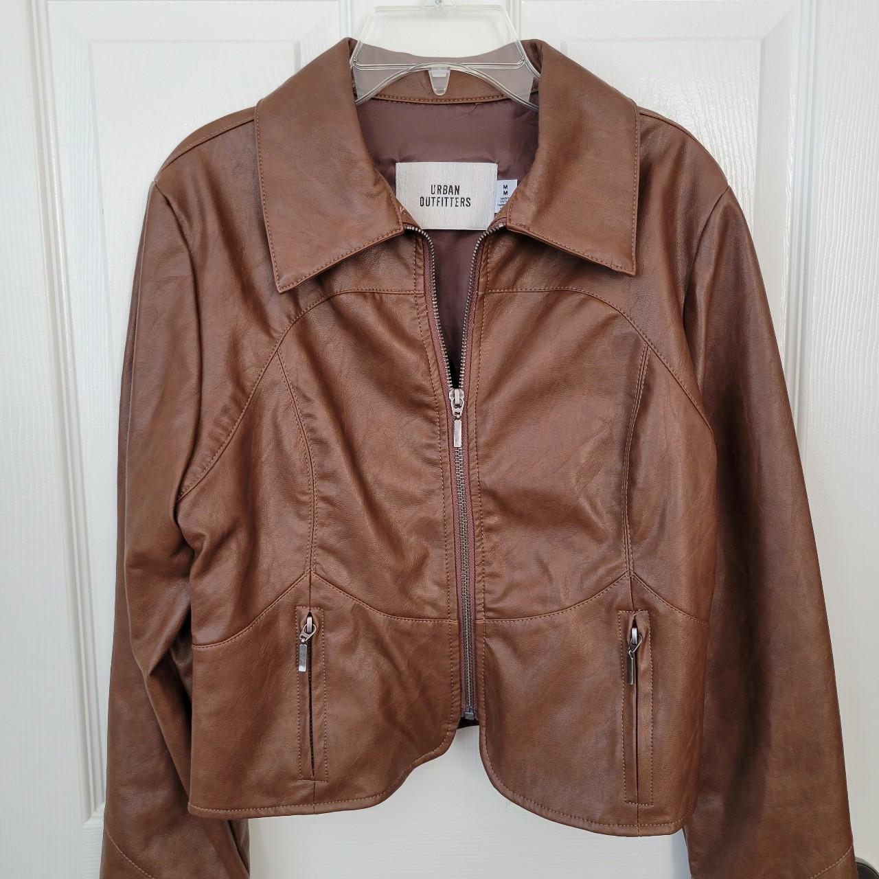 Brown cropped leather jacket Slim fit style with... - Depop