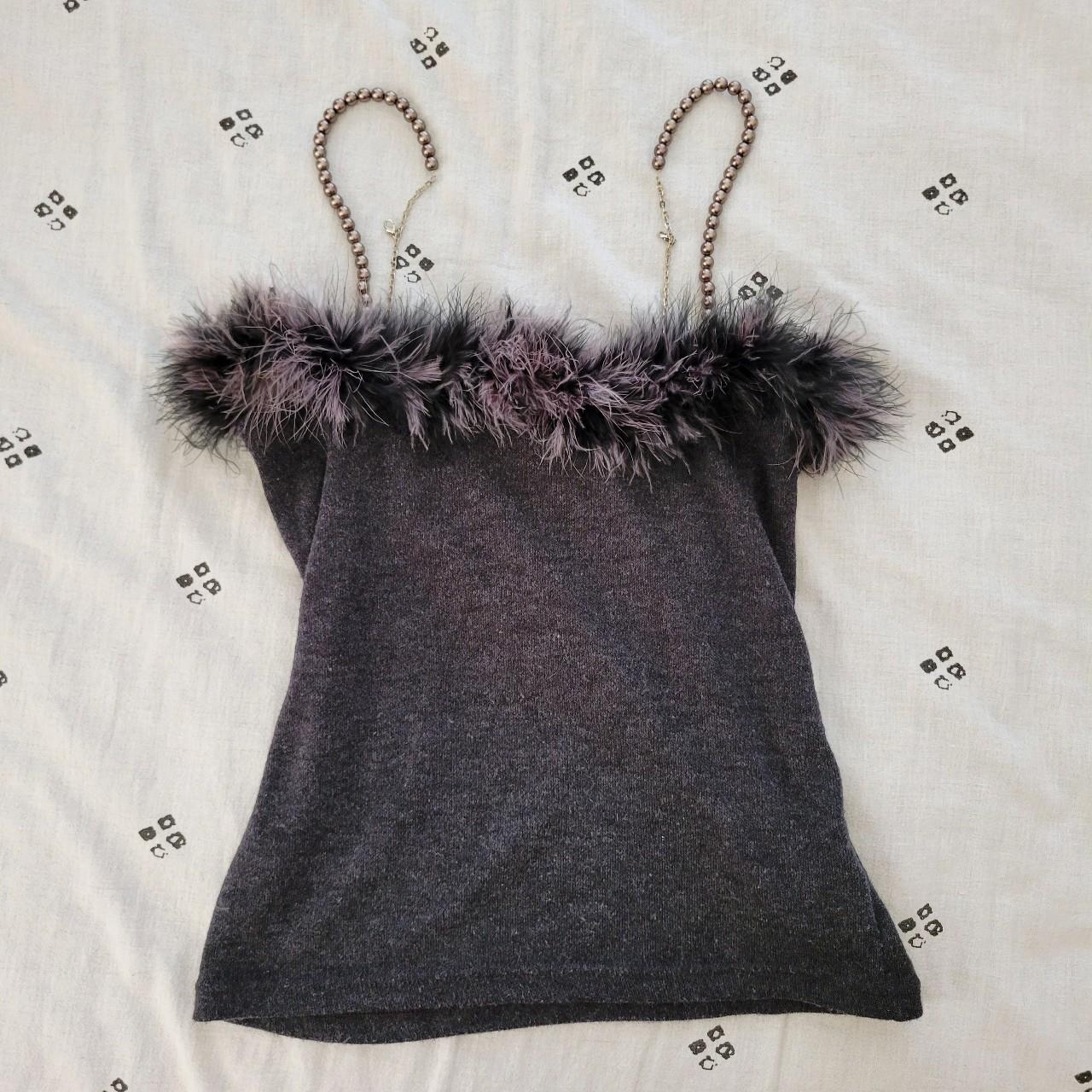 Gyaru fur glam cami Dark gray tank top with beaded... | Depop