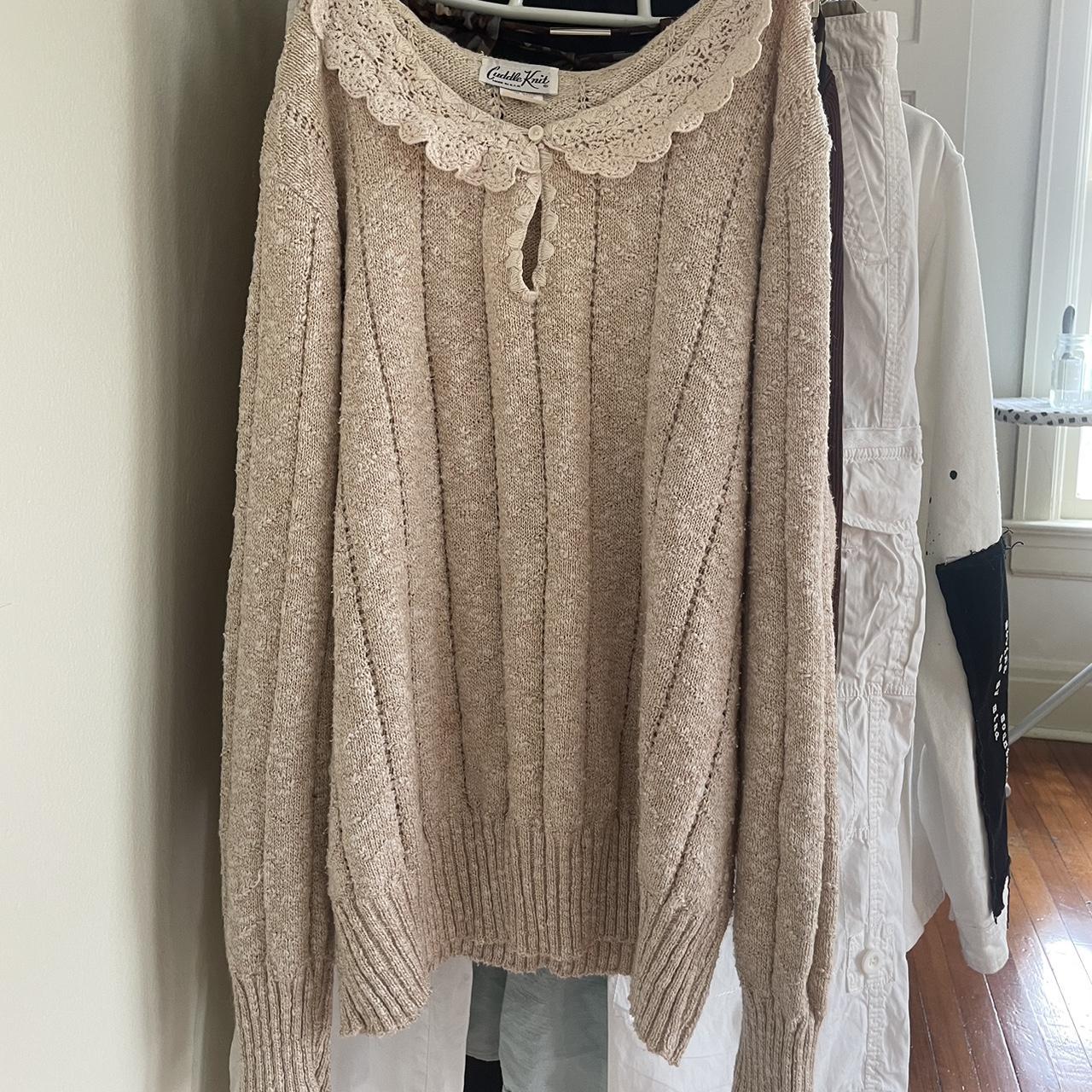 Cream and white sweater with lace detailing on... - Depop