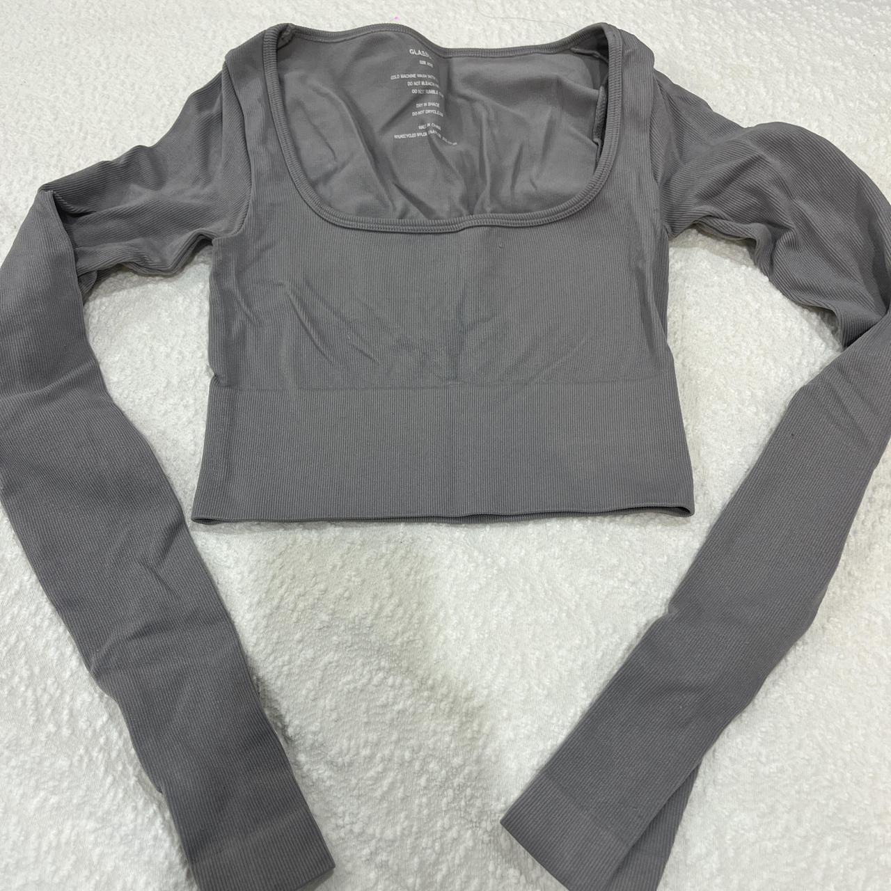 grey square neck cropped long sleeve - Depop