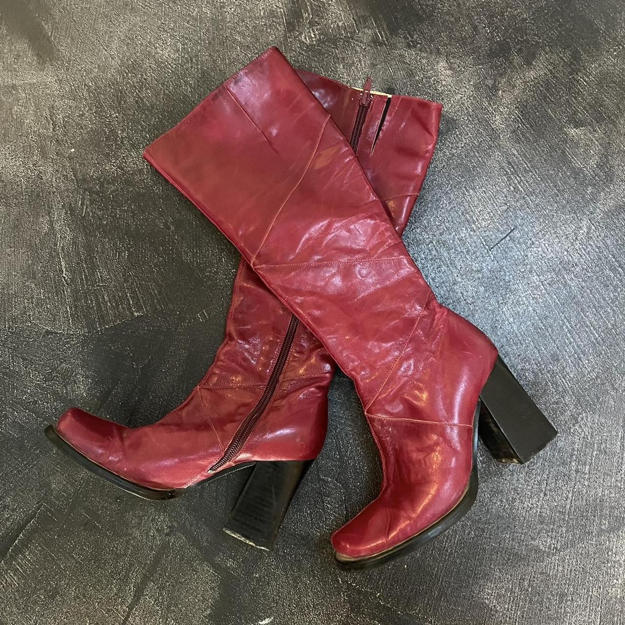 Red Leather Knee High Boots Really cute patchwork... - Depop