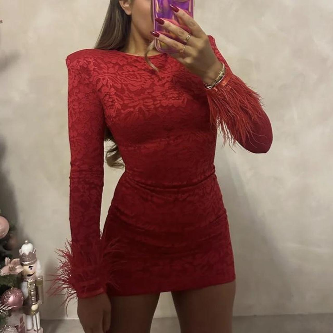 Red Lace Cuff Feather mini dress M - would fit an 8-12 - Depop