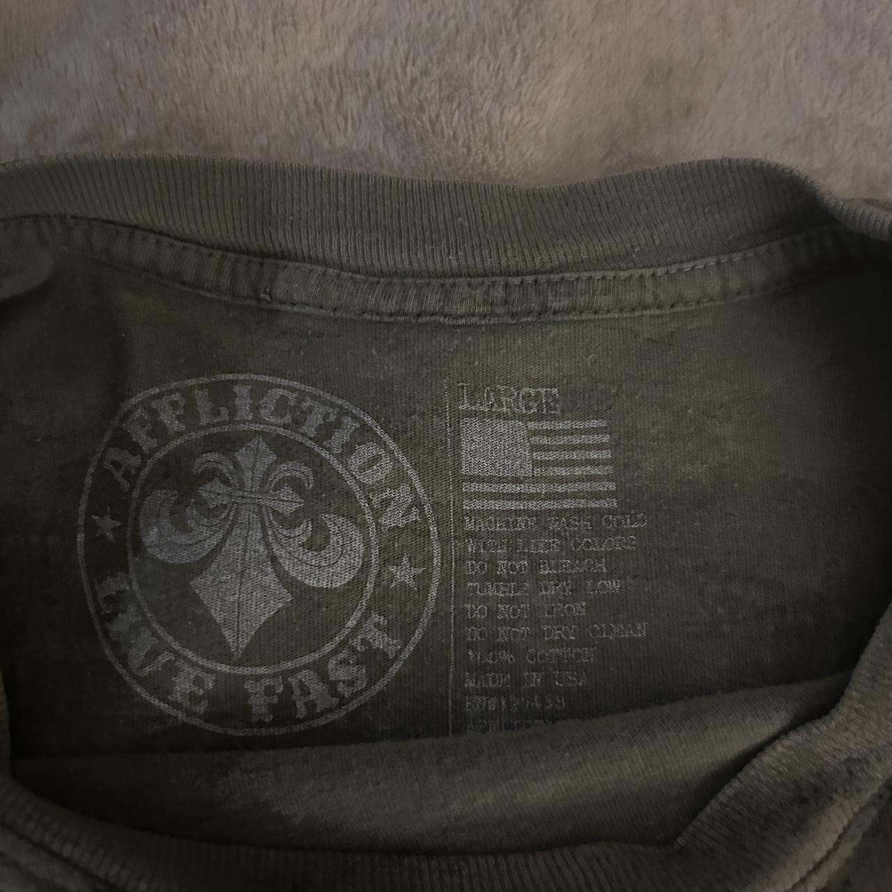 old military green affliction shirt back and front... - Depop