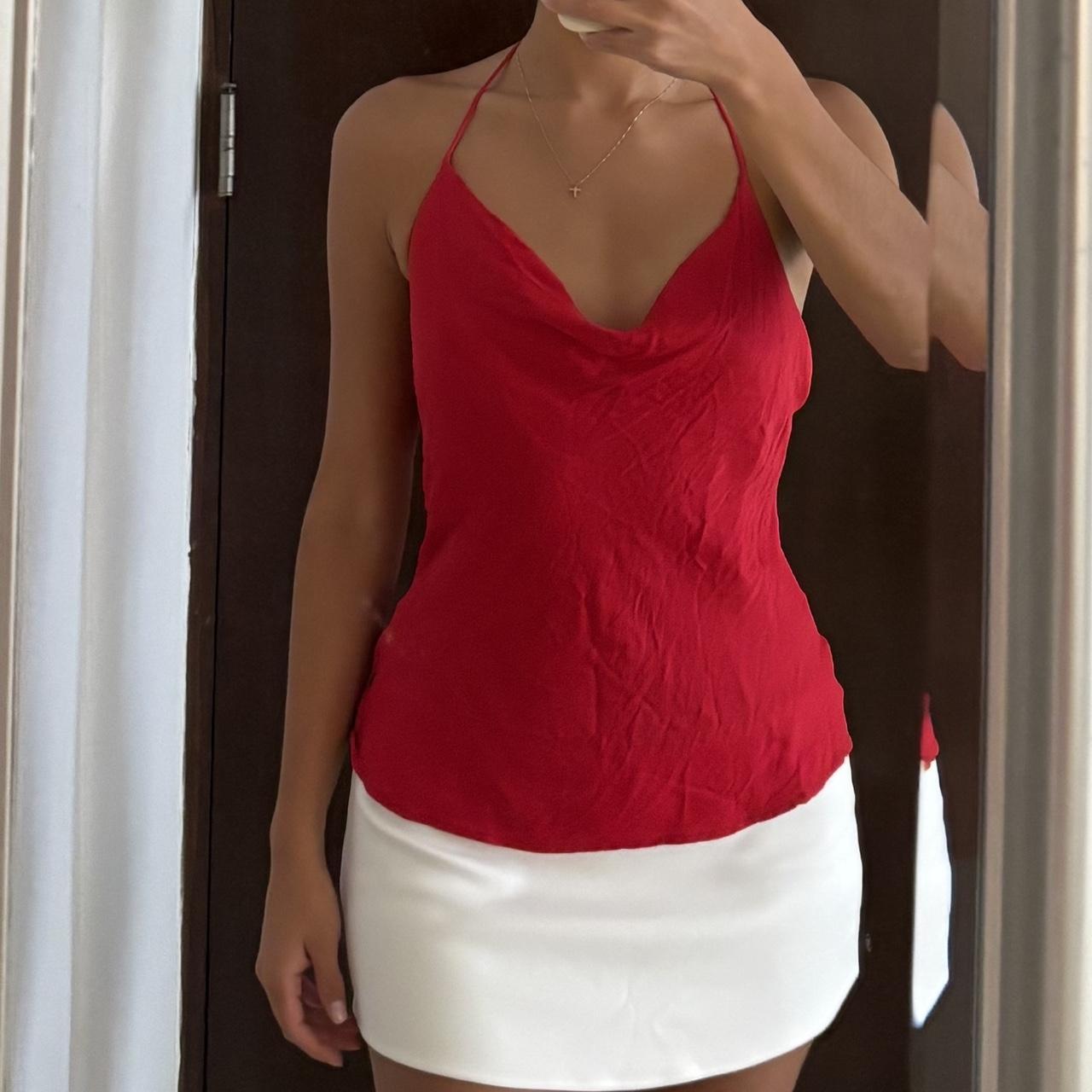 Red halter backless top • size small but could also... | Depop