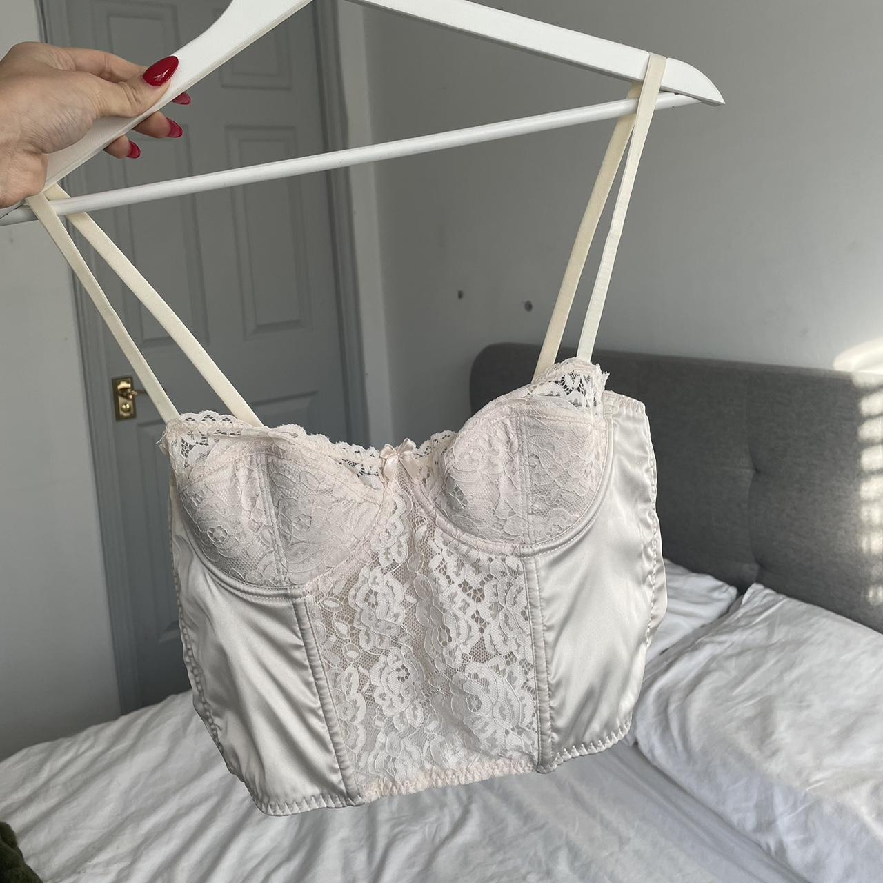 cream lace, satin corset top SIZE UK M adjustable... - Depop