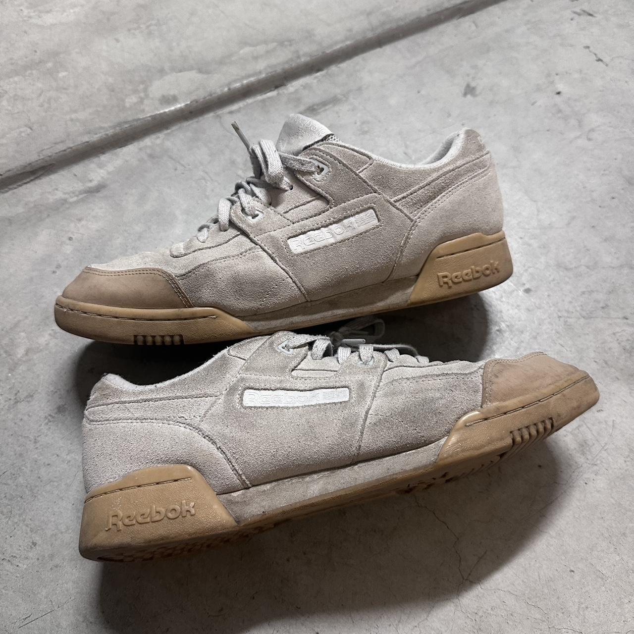 Grey and tan Reebok Classic trainers. Basic wear on... | Depop