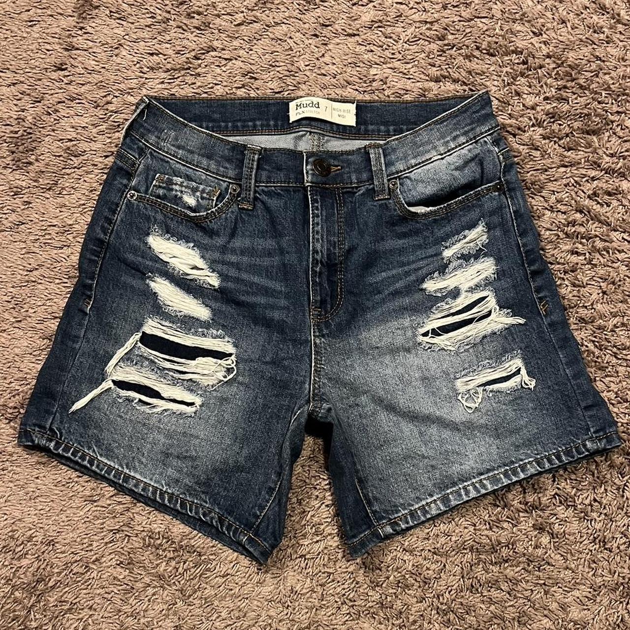 medium wash Mudd high-rise stretch fit denim shorts.... | Depop