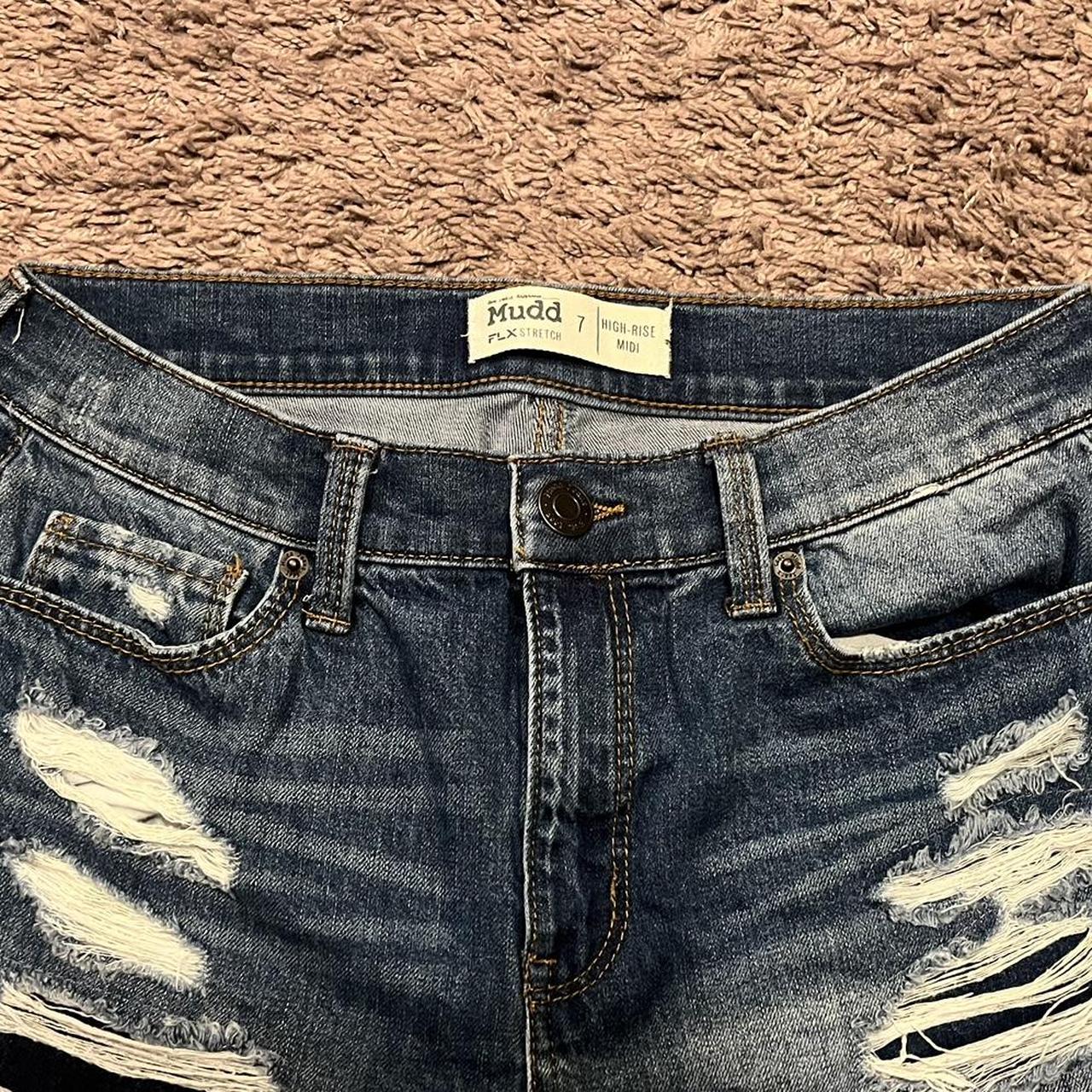 medium wash Mudd high-rise stretch fit denim shorts.... | Depop