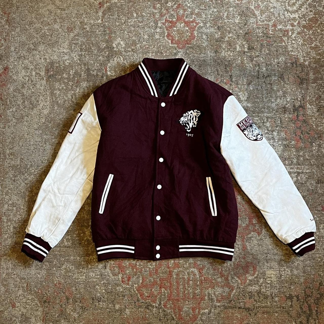 Quality leather armed varsity jacket couple scuffs... - Depop