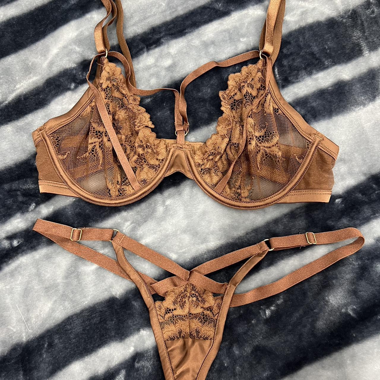 Brown bras and things set 1x bra 10D/DD 1x thong... - Depop