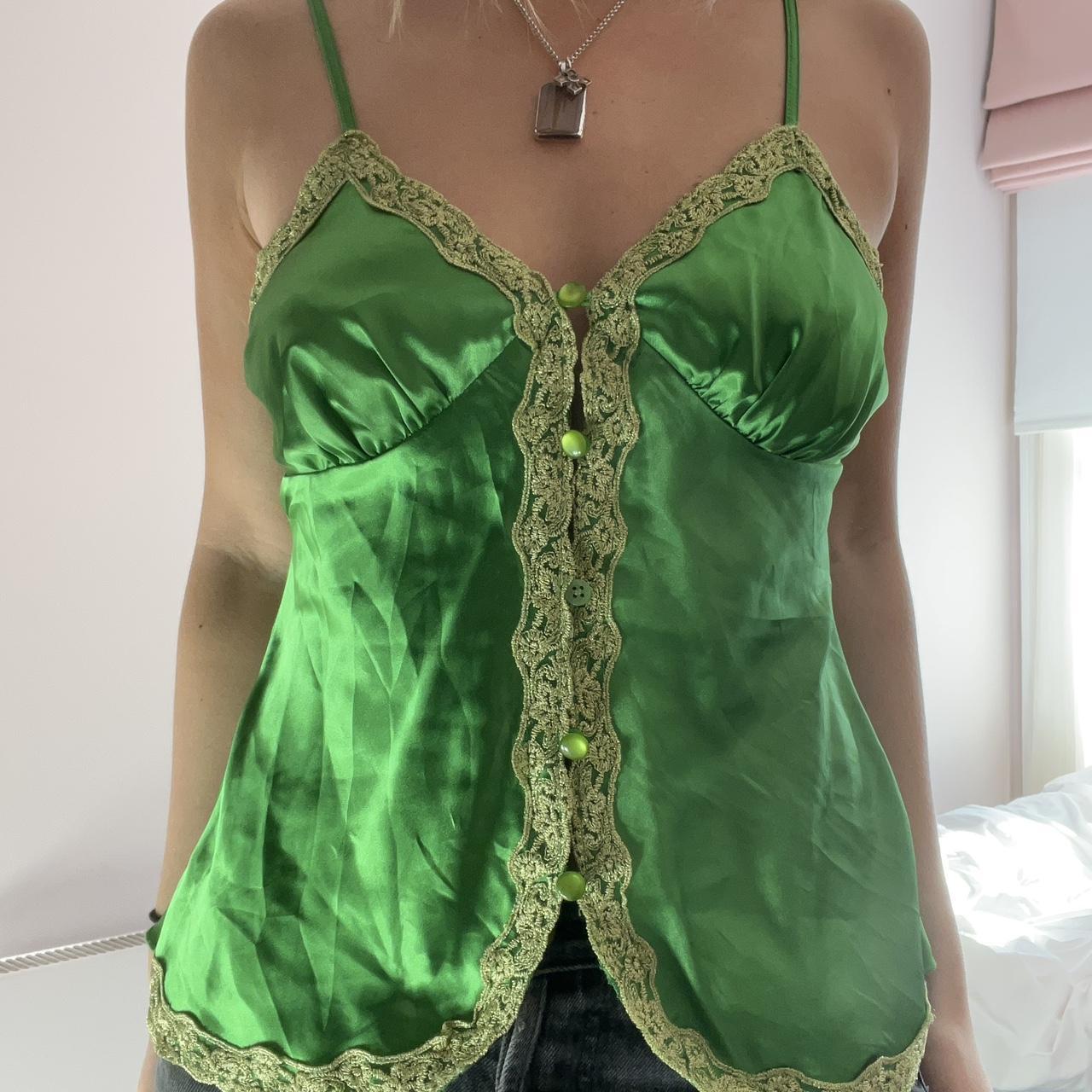 Green silky satin cami top with lace trim and... - Depop
