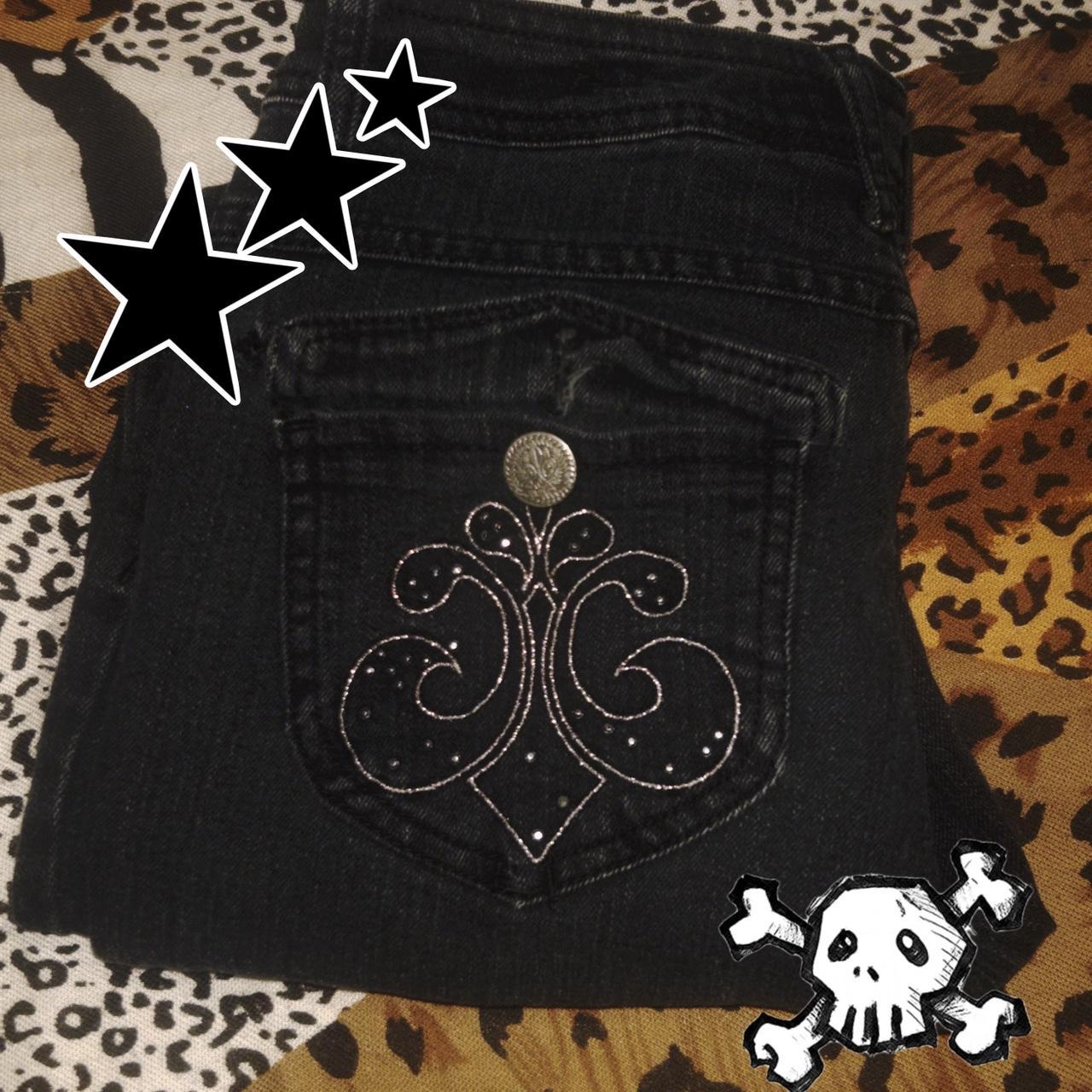 Black low rise flared jeans silver rhinestone... | Depop