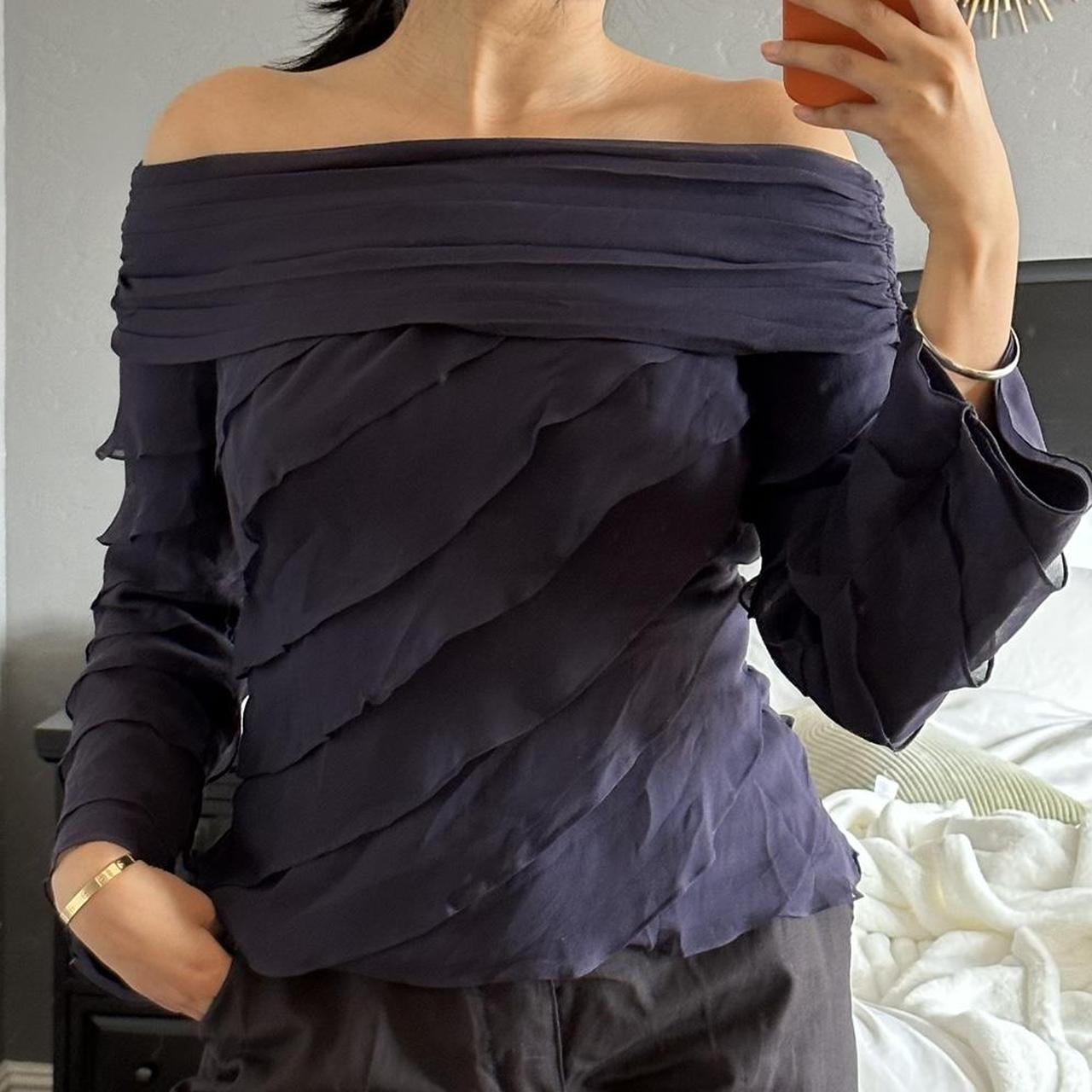 Off shoulder ruffle blouse Navy blue 100% silk So... - Depop