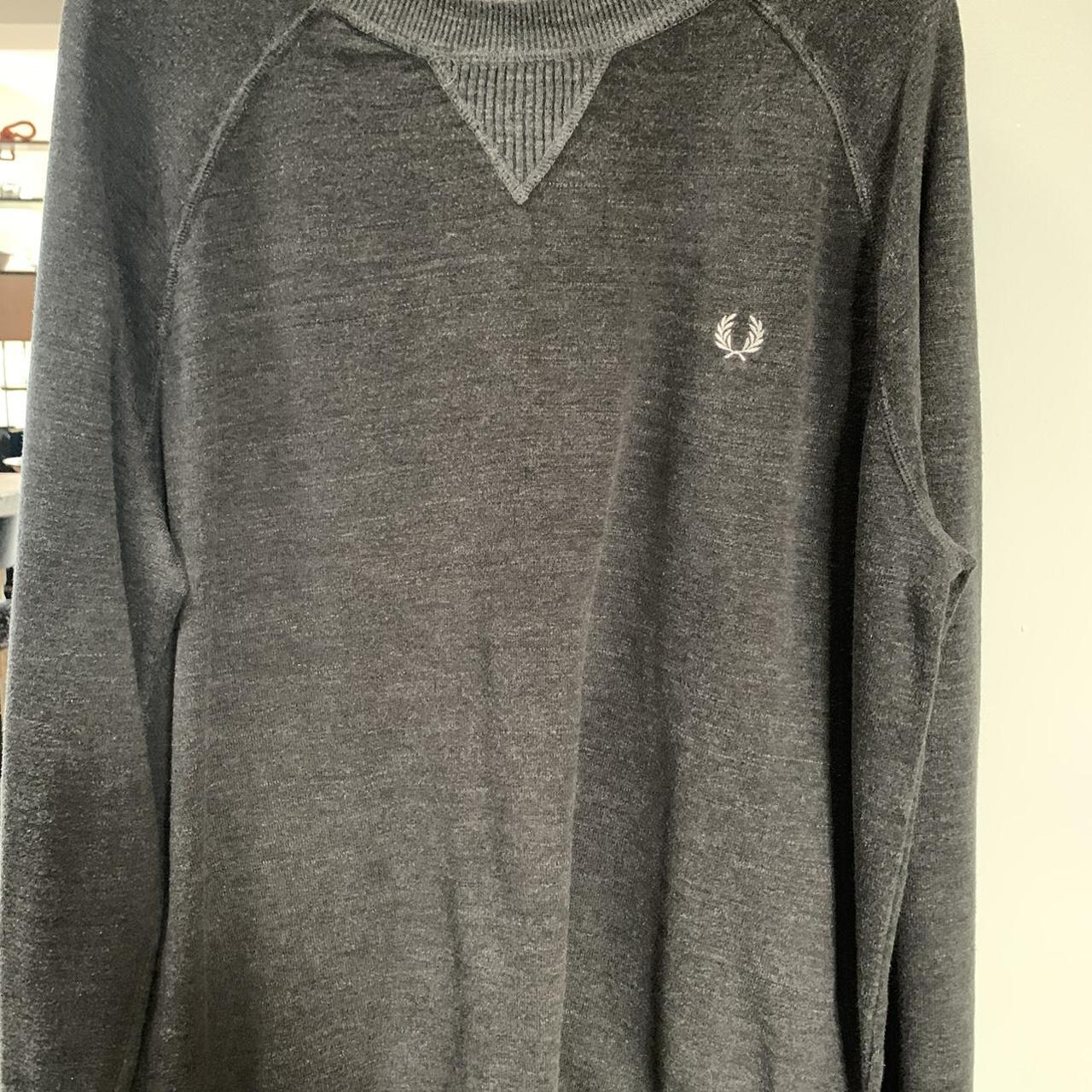 FRED PERRY Grey crew neck sweatshirt Dark grey with... - Depop