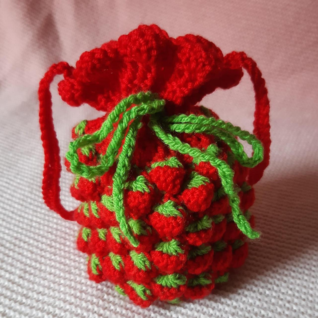 Handmade crochet drawstring bag with strawberry... - Depop