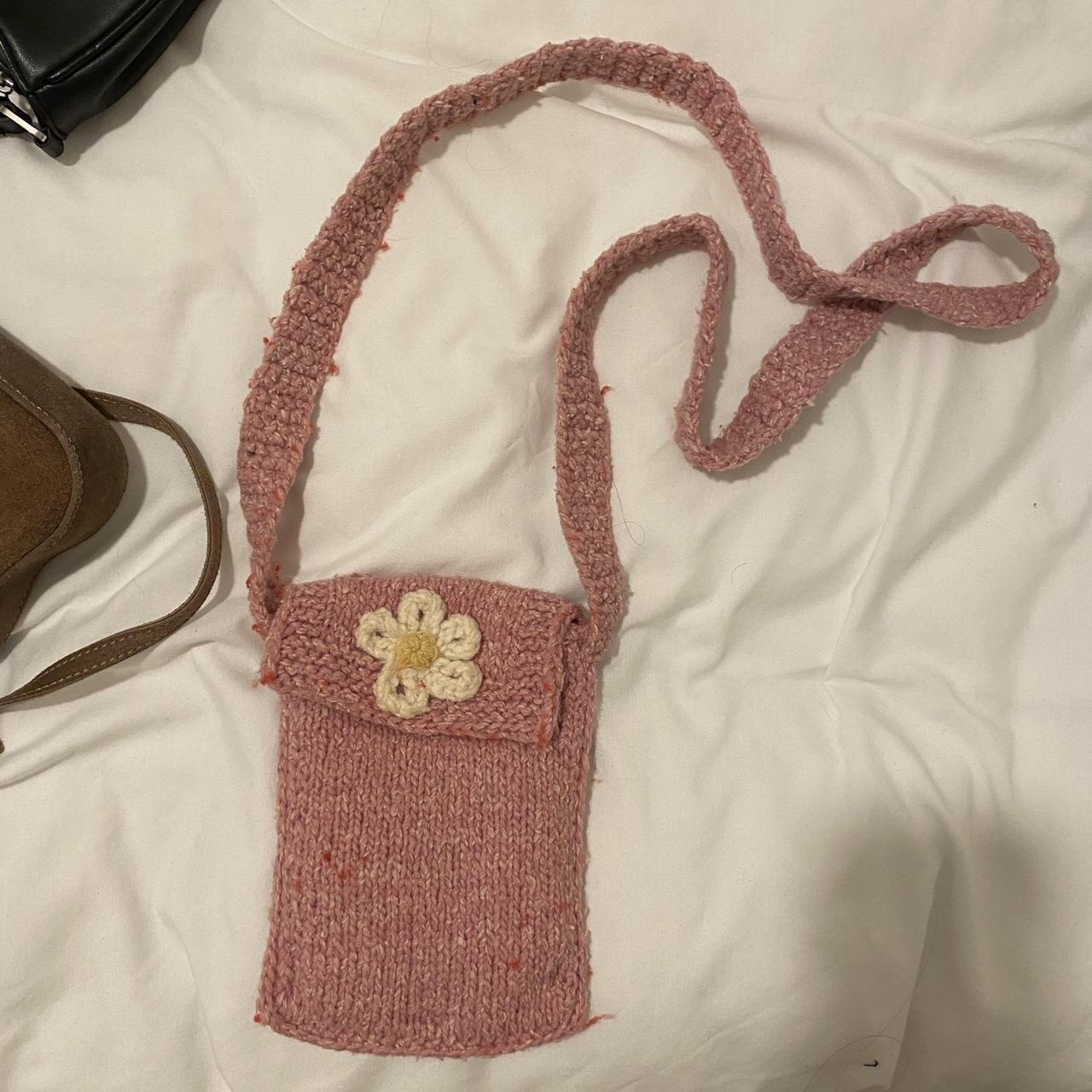 Handmade pink crochet knit phone holder crossbody... - Depop