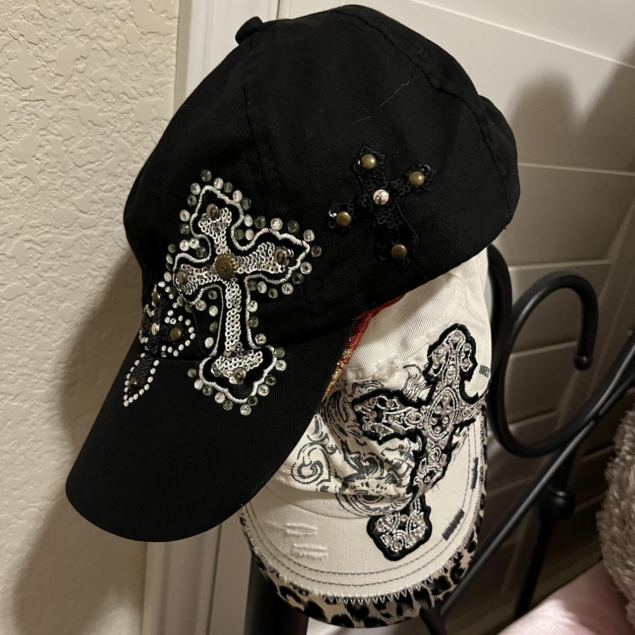 black cross rhinestone y2k early 2000s trucker hat cap - Depop