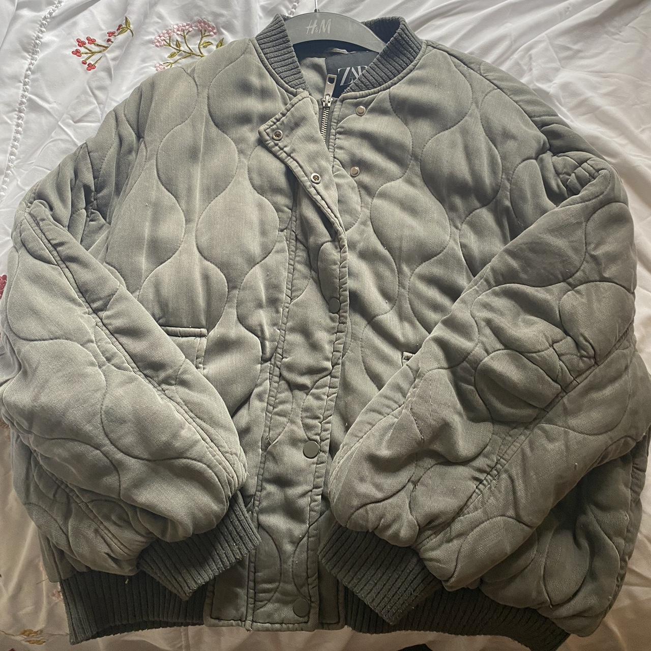 grey Zara quilt bomber no longer sold online size... - Depop