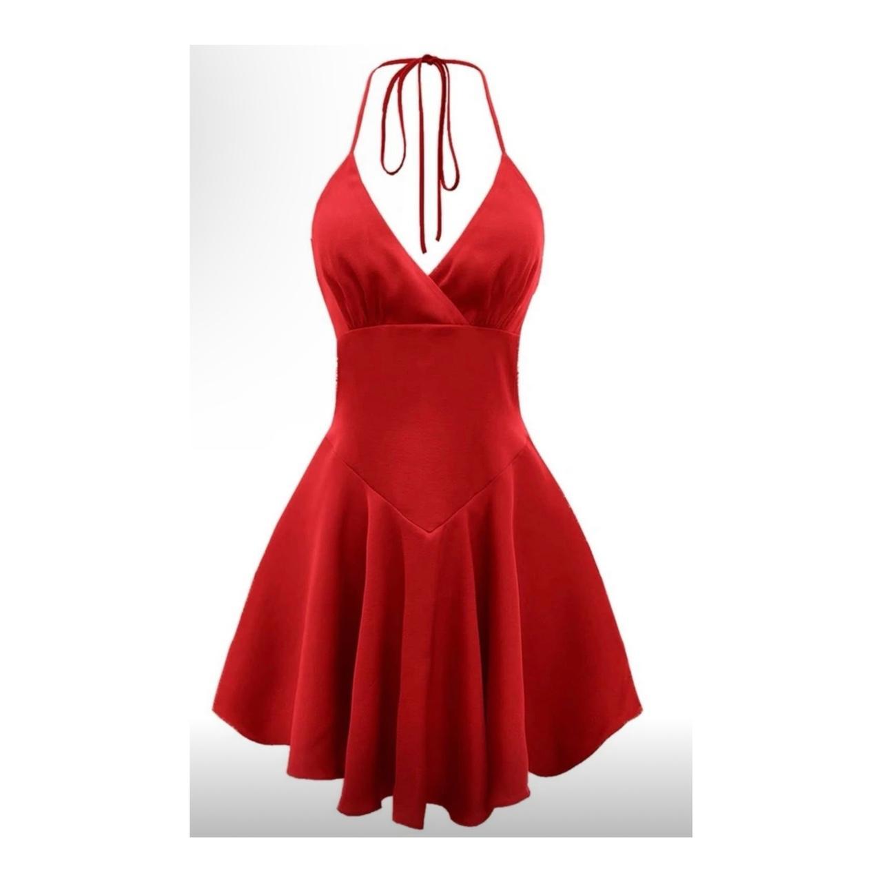 Red lace up, backless mini halter drop waist dress,... - Depop