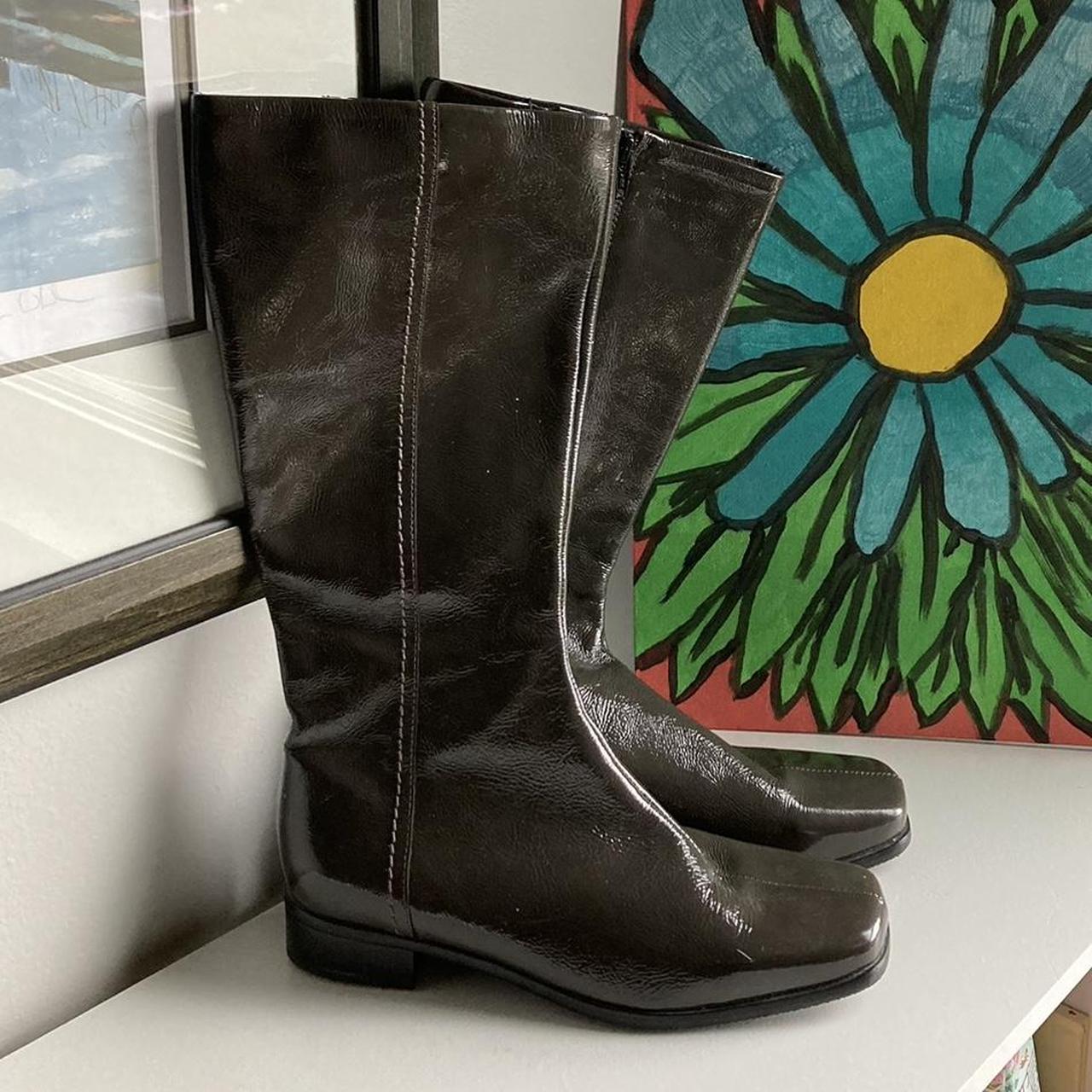 Stunning Y2K style patent genuine leather knee-high... - Depop